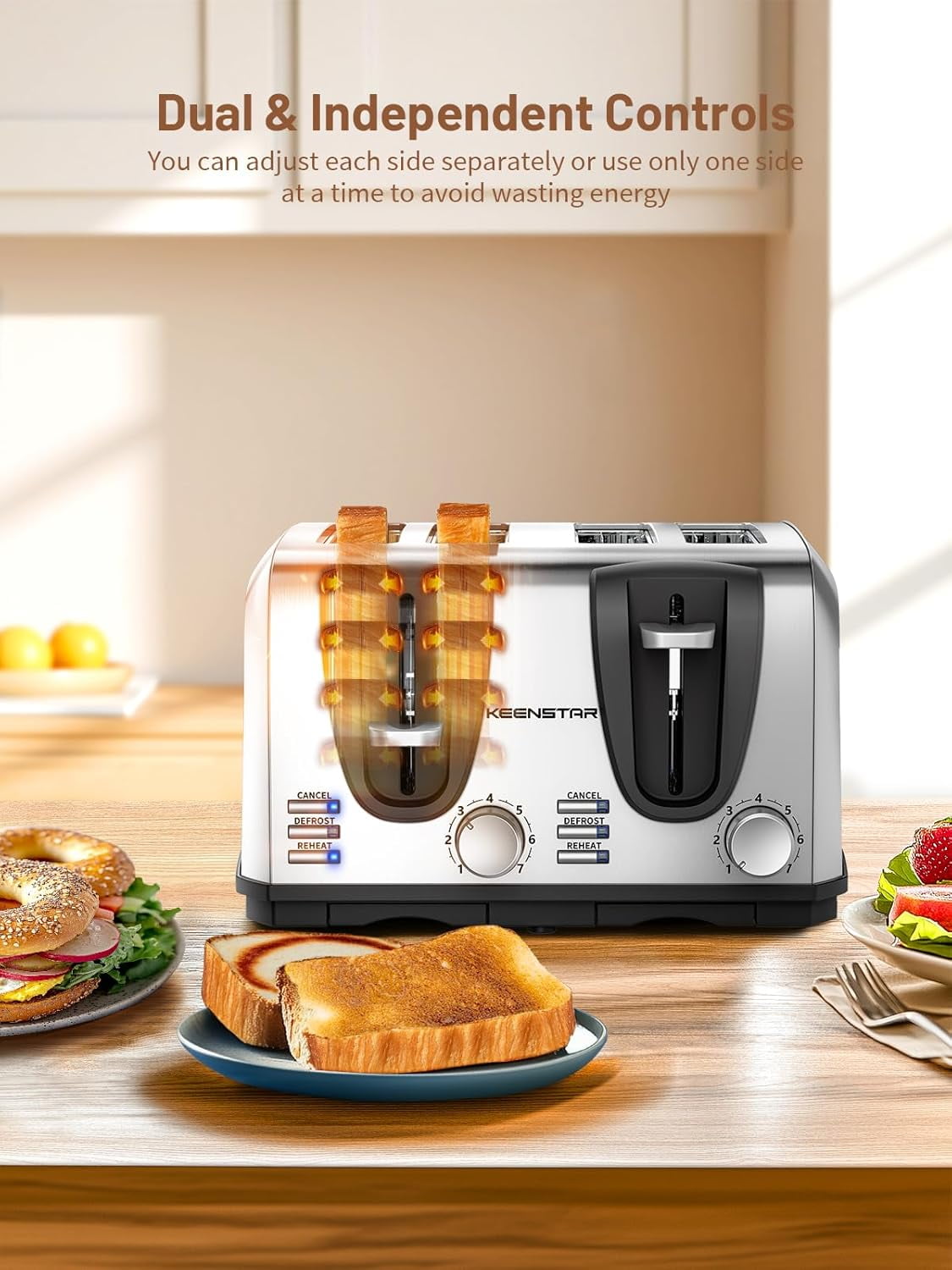 Keenstar Toaster 4 Slice, Bread Toaster with Dual Control Panels Extra ...