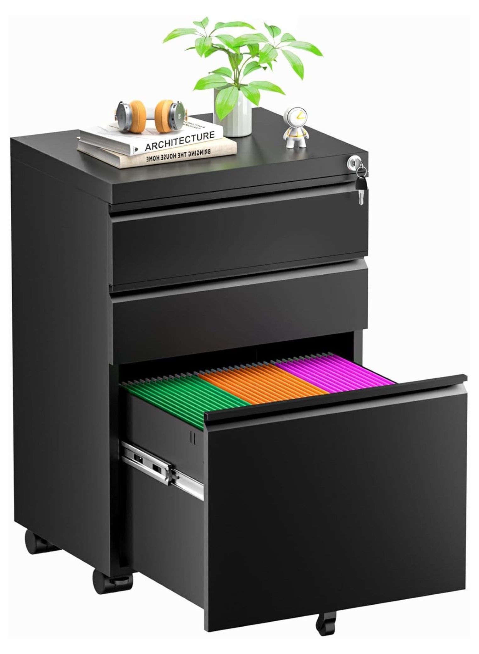 Keeomi 3 Drawer File Cabinet on Wheels, Metal Locking Filing Cabinet ...