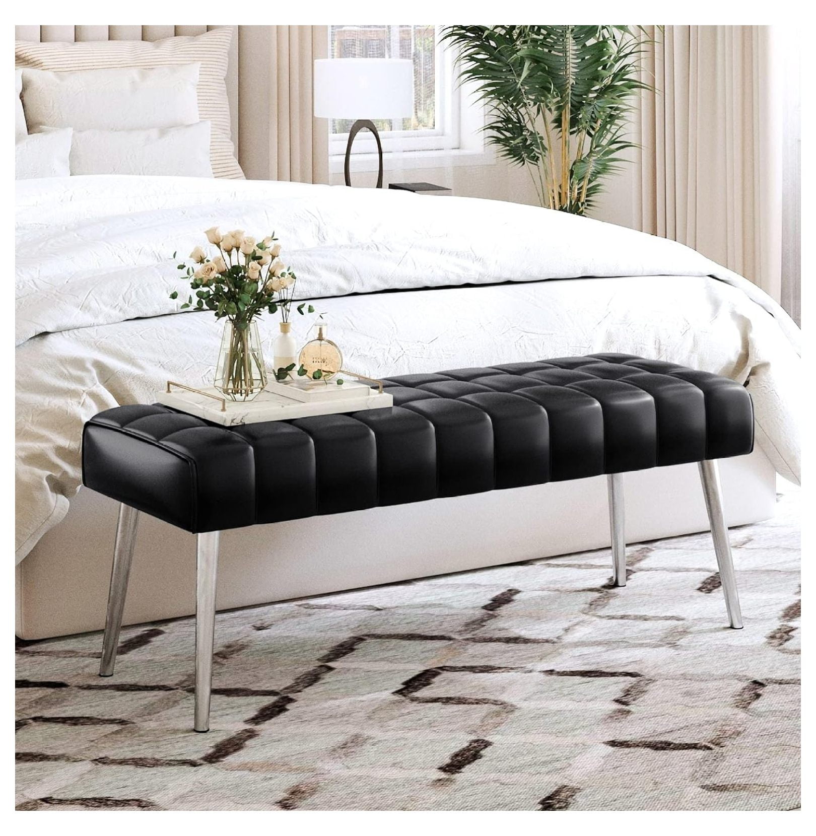 Keeomi 44.5” End of Bed Bench, Faux Leather Tufted Upholstered Bedroom ...