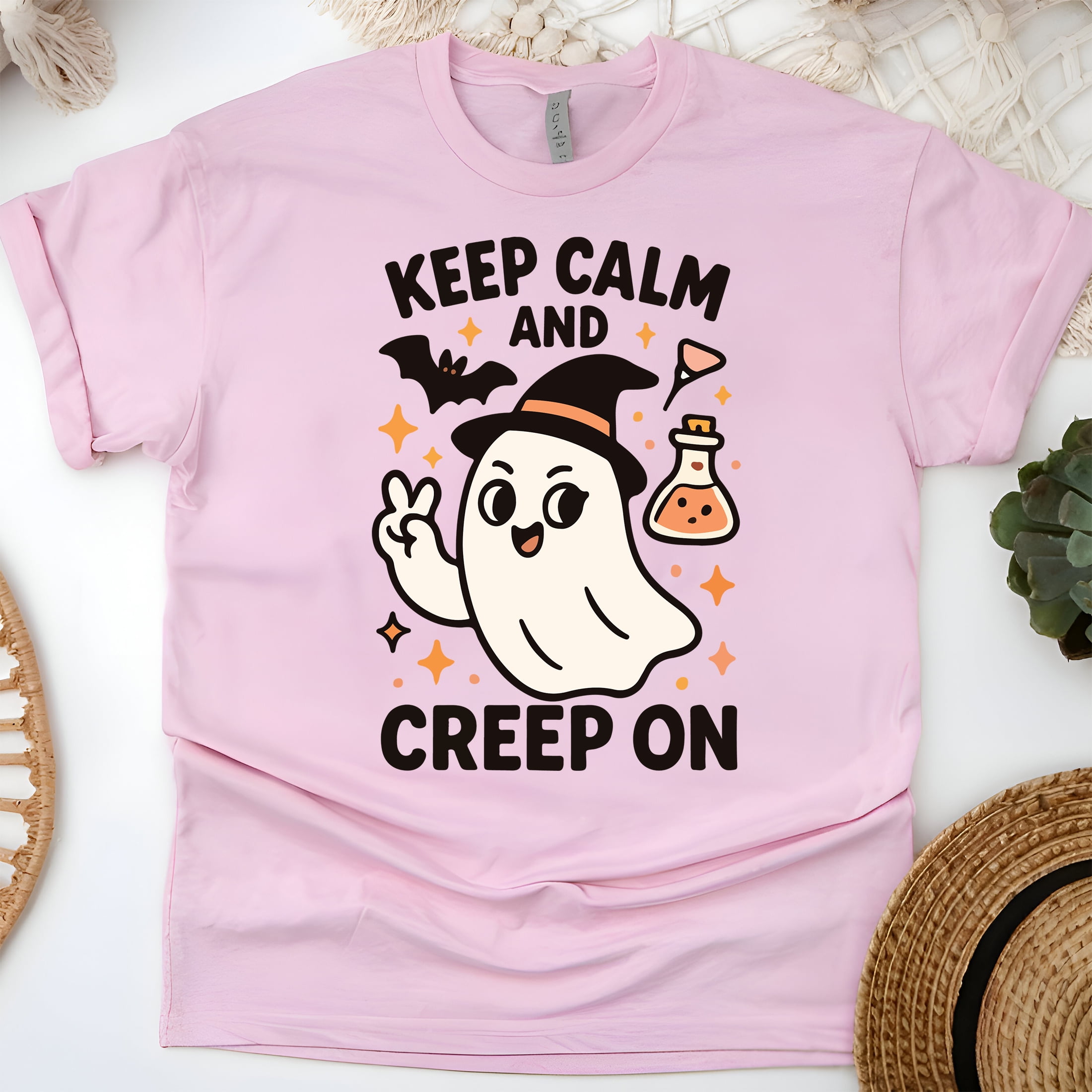 Keep Calm And Creep On Graphic Tee Funny Ghost Witch Hat Shirt, Light ...