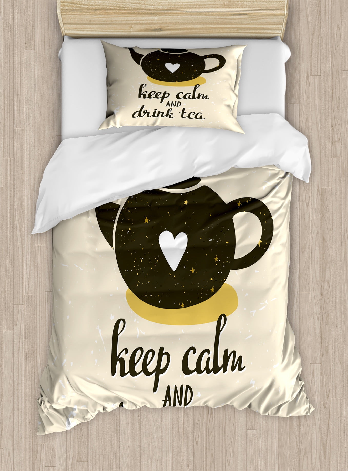 Keep Calm Duvet Cover Set, Drink Tea Lettering with Heart on Teapot ...