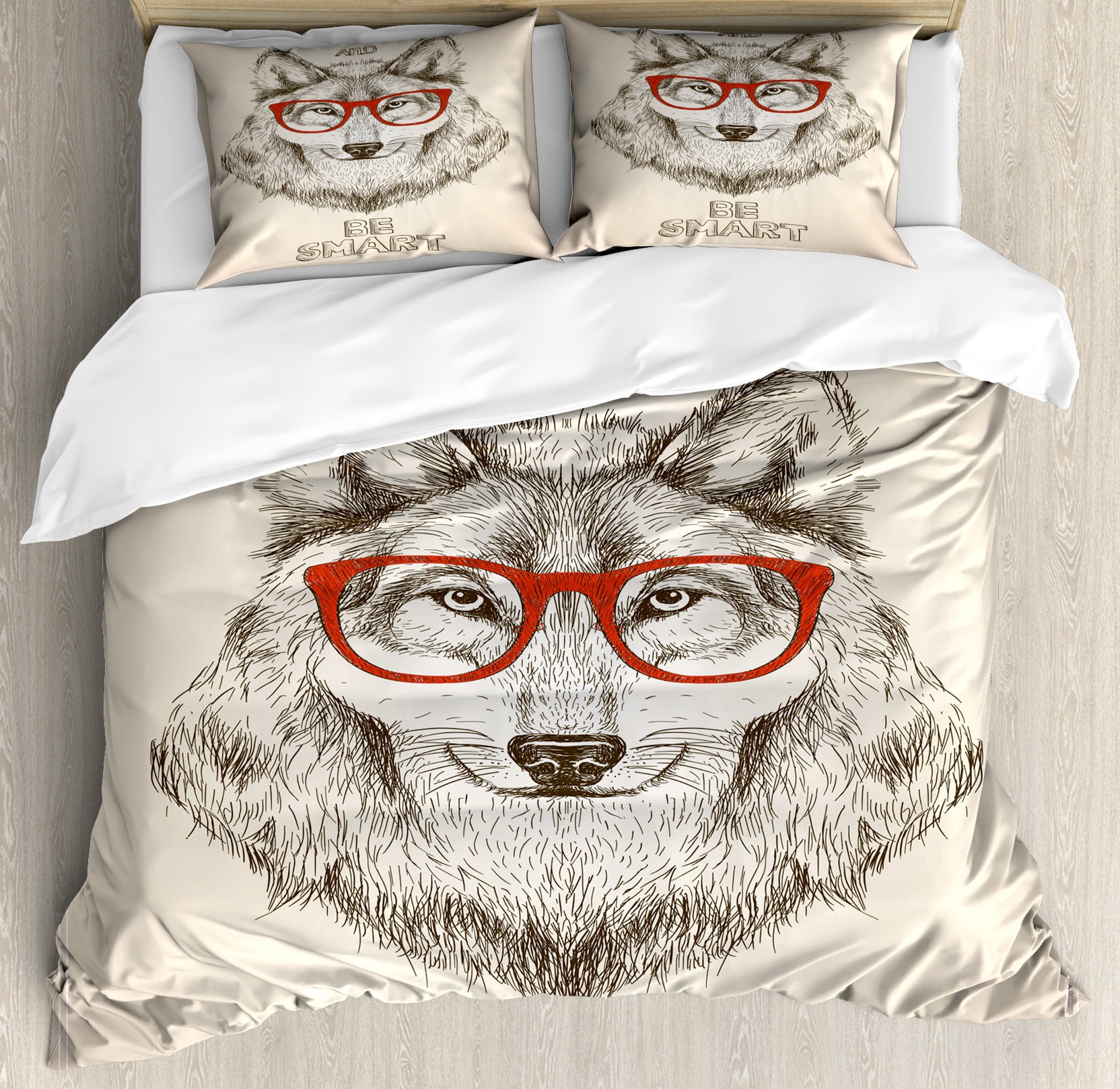 Keep Calm Duvet Cover Set, Humorous Sketch of Wolf with Glasses and Be ...