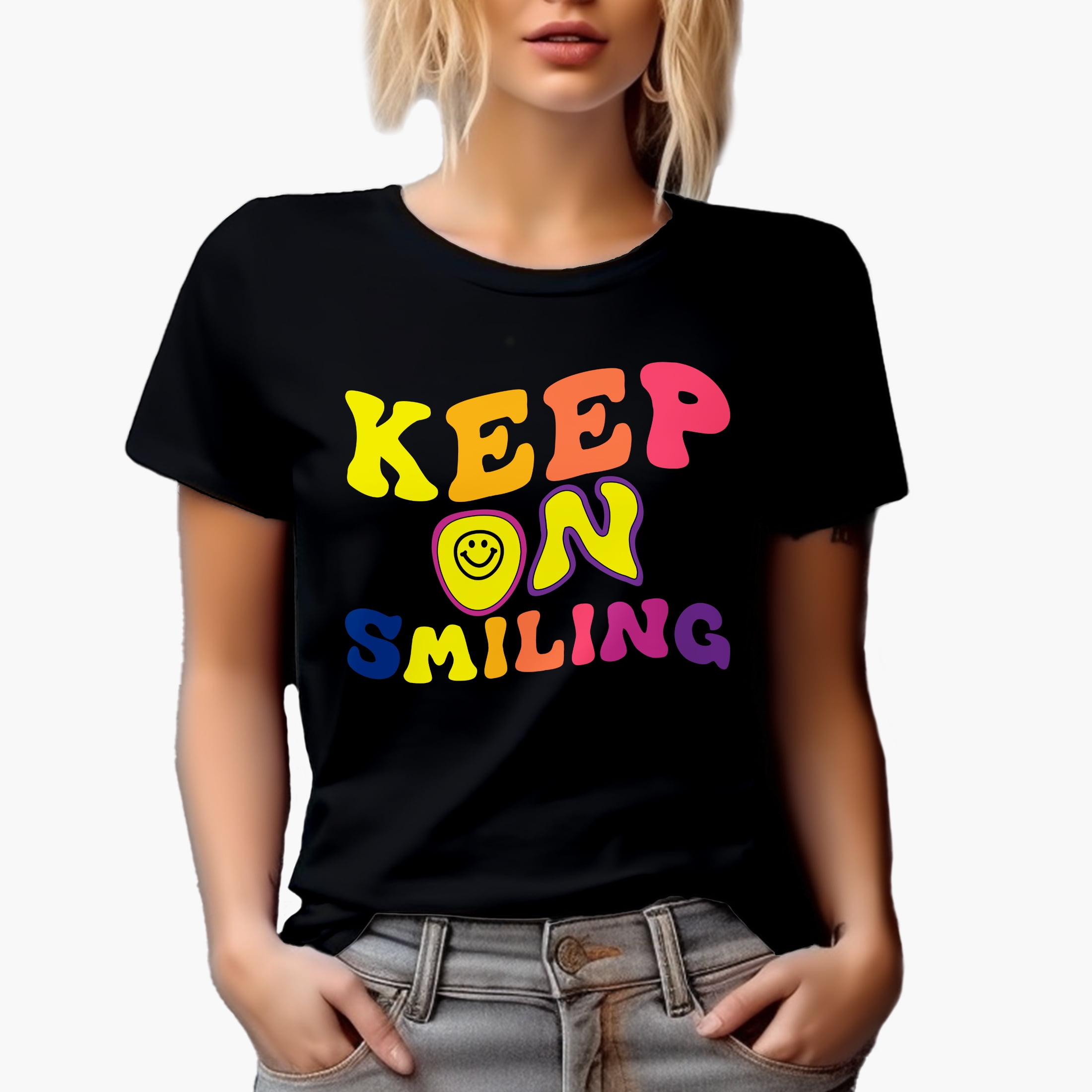 Keep on Smiling, Motivational Quote to Smile, Groovy Retro Wavy Text Merch Gift, Black T-Shirt ...