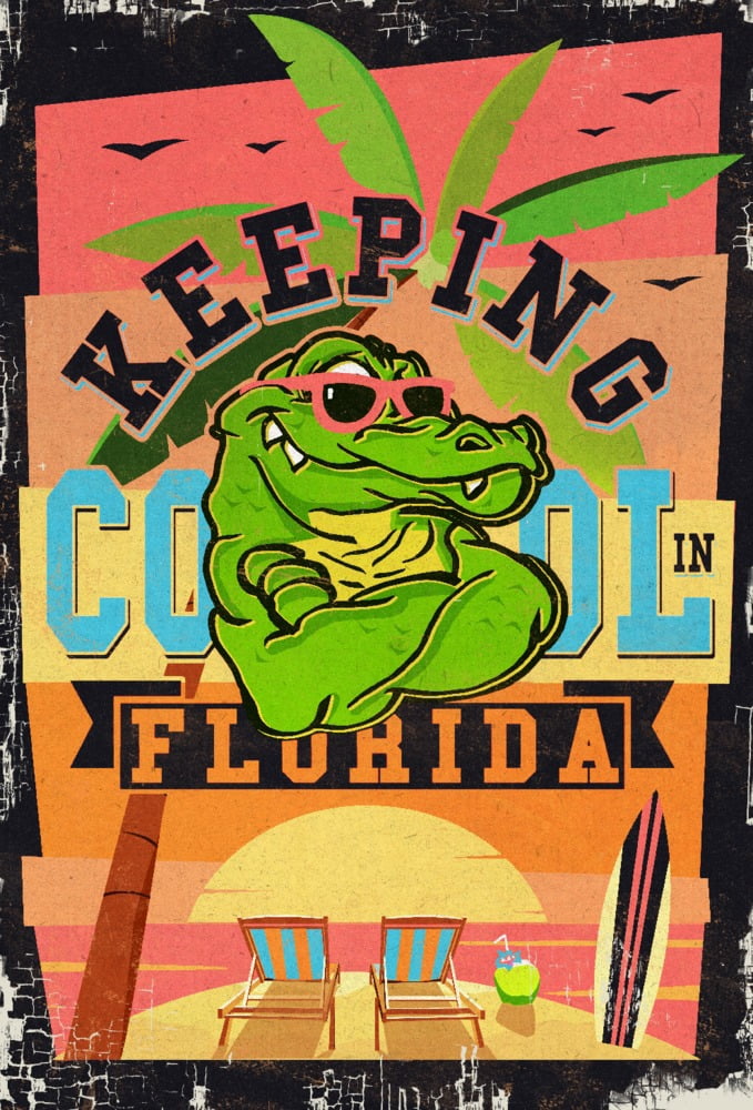 Keeping Cool in Florida, Alligator, Vintage Mascot (12x18 Wall Art ...