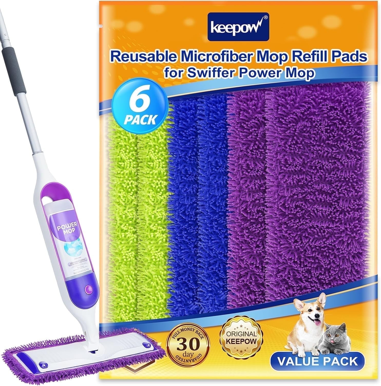 Keepow, Microfiber Flat Mop Head, 6 Pack, Compatible with PowerMop ...