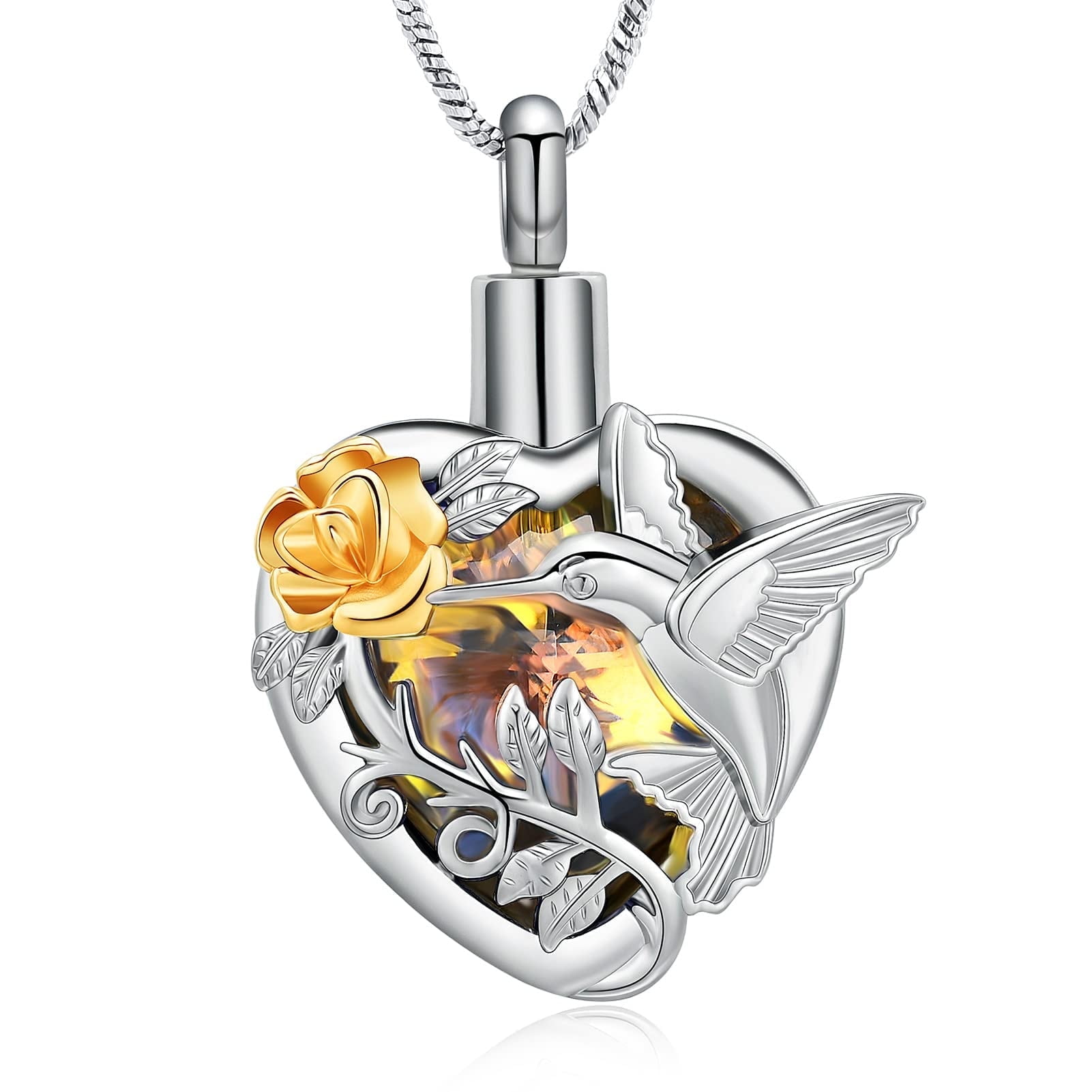 Keepsake Crystal Heart with Hummingbird Pendent for Ashes and Chain ...