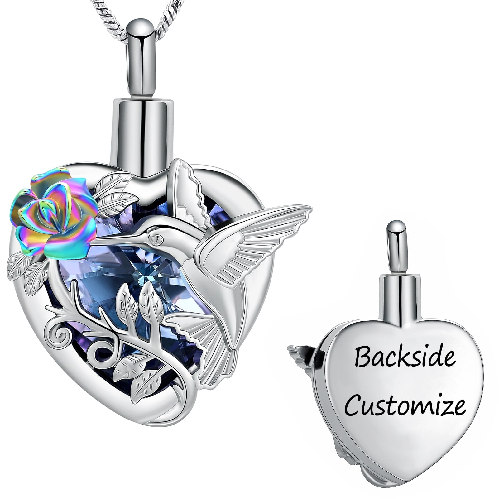 Keepsake Crystal Heart with Hummingbird Pendent for Ashes and Chain ...