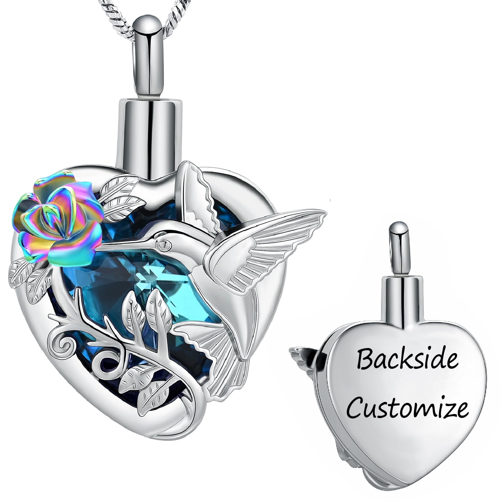 Keepsake Crystal Heart with Hummingbird Pendent for Ashes and Chain ...