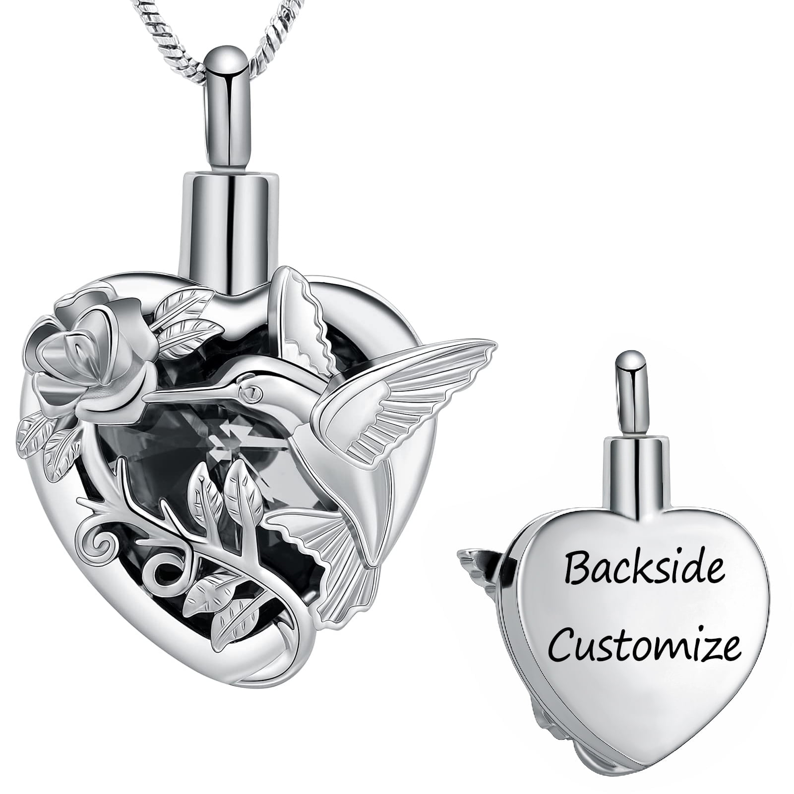 Keepsake Crystal Heart with Hummingbird Pendent for Ashes and Chain ...
