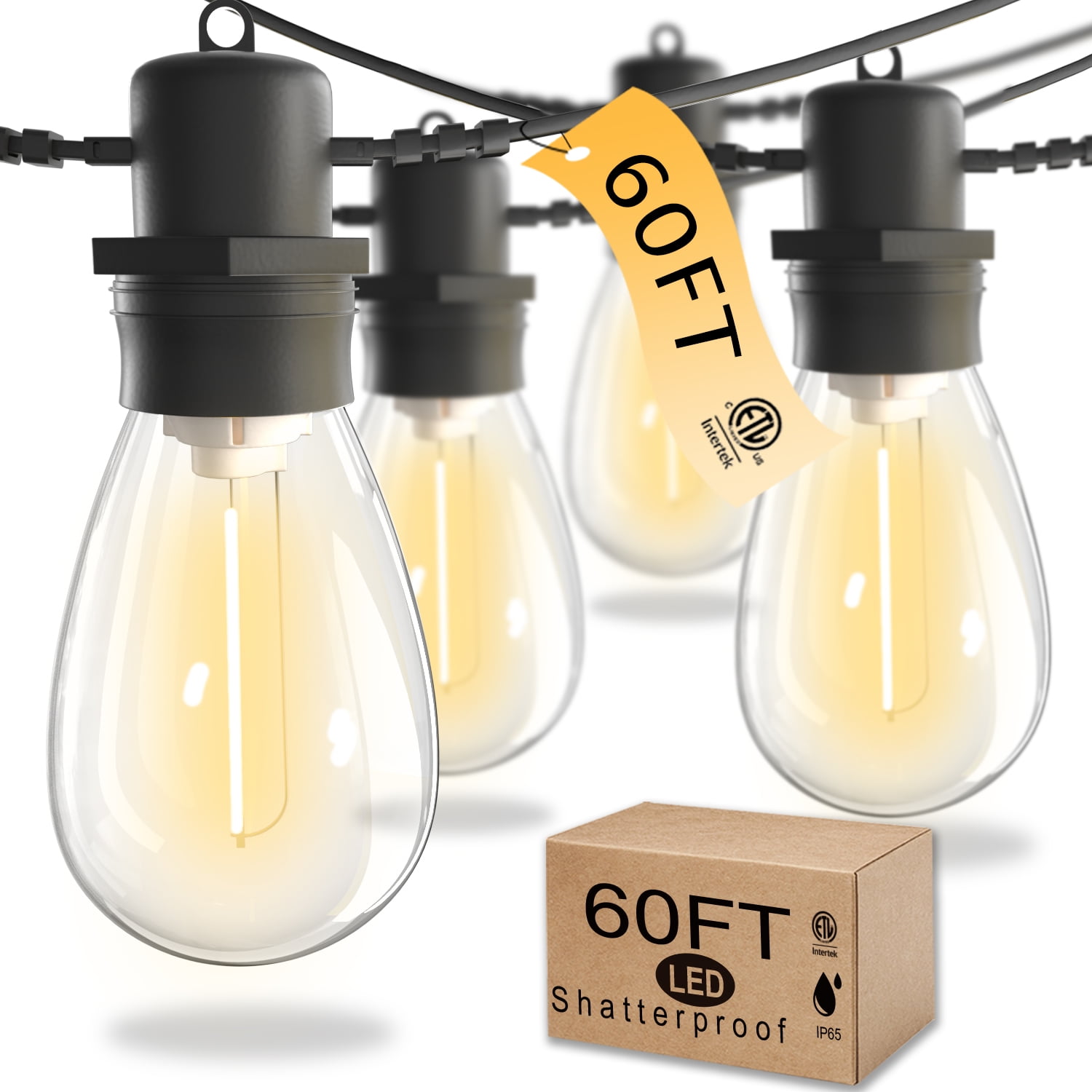 Keepsmile 60FT Outdoor String Lights IP65 Waterproof Patio Lights with ...