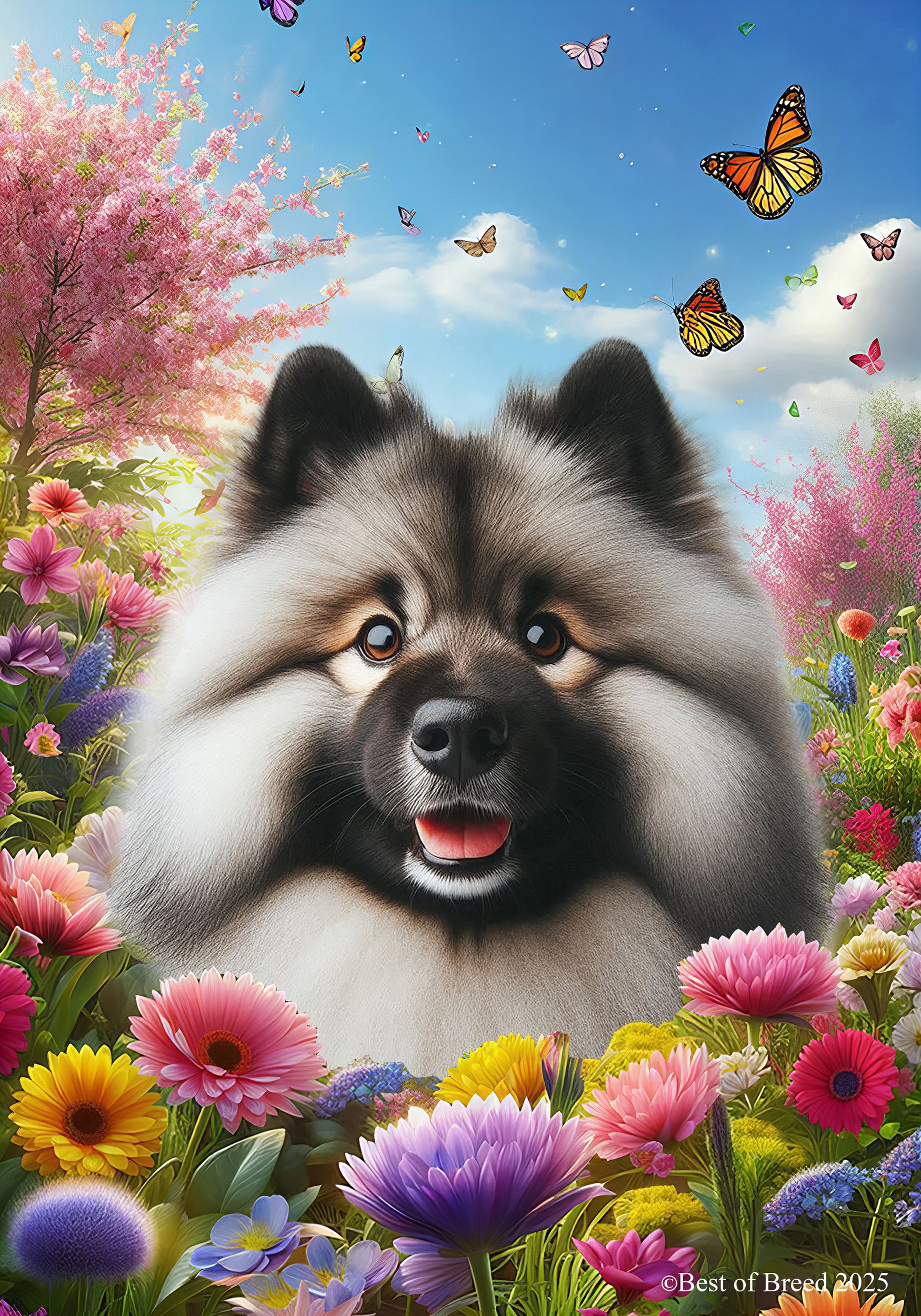 Keeshond - Best of Breed Spring Butterfly Outdoor House Flag 28" x 40 ...
