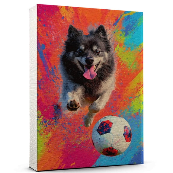 Keeshond Dog Playing Soccer Stretched Canvas Size 8x12 – Vintage Style ...