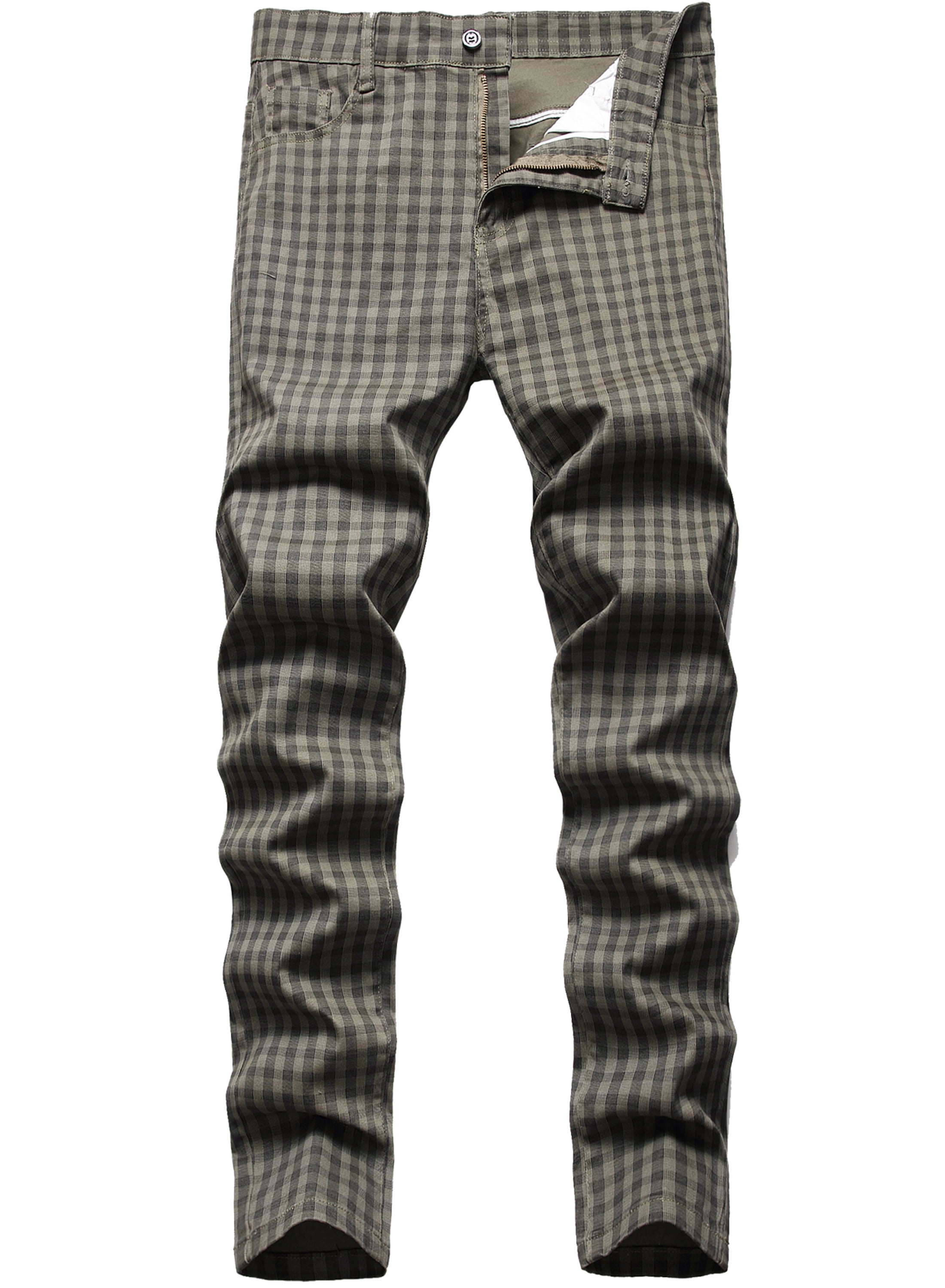Keevoom Mens Slim Fit Dress Pants Casual Stretch Flat-Front Plaid ...