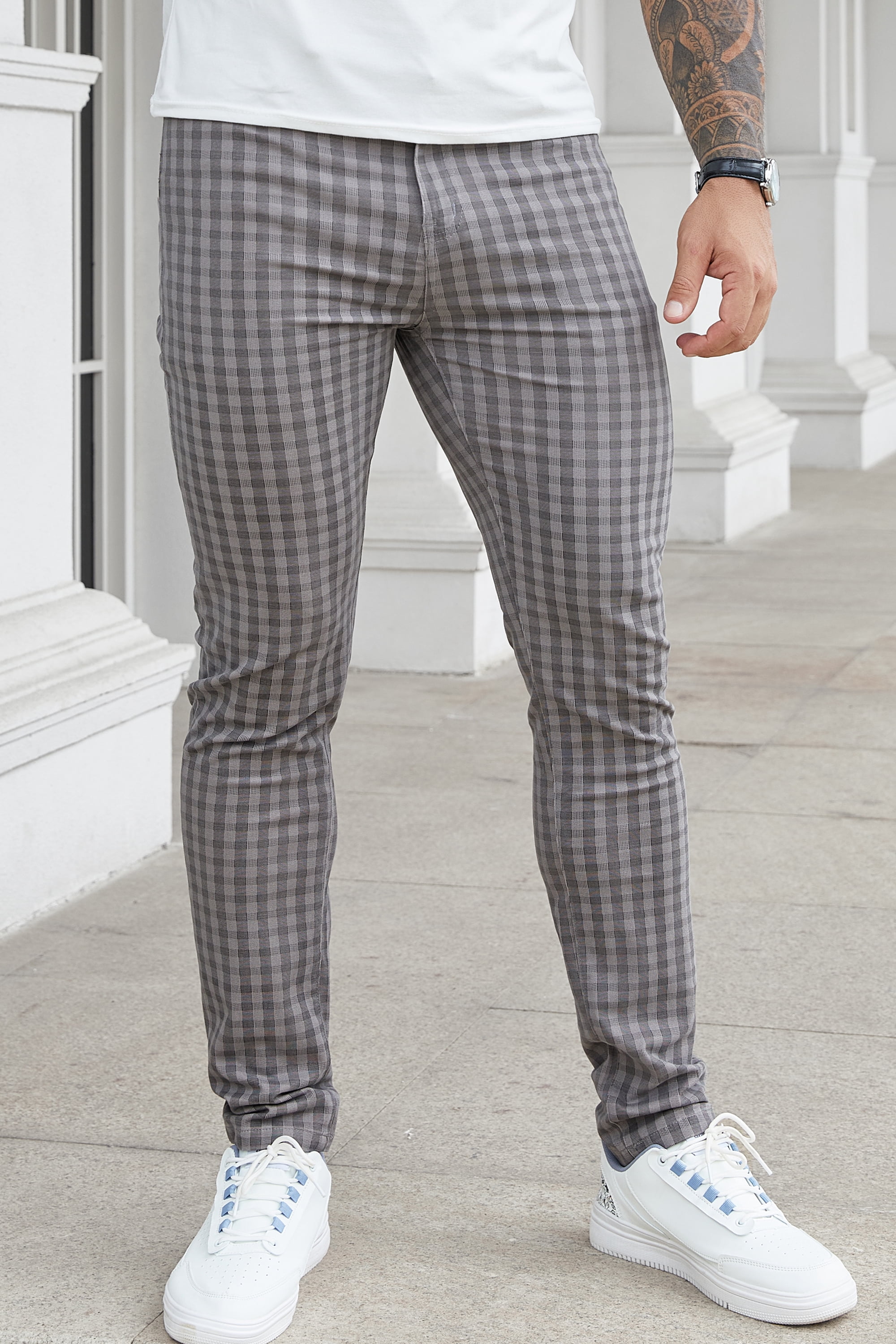 Keevoom Mens Slim Fit Dress Pants Casual Stretch Flat-Front Plaid ...