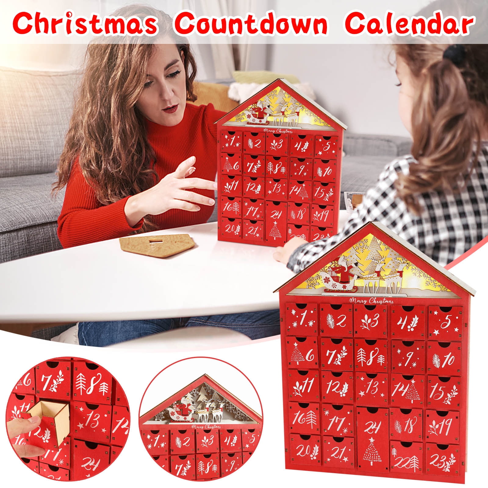 KeirineCC 24 Day Red House Advent Calendar with Lighted Reindeer Sled ...