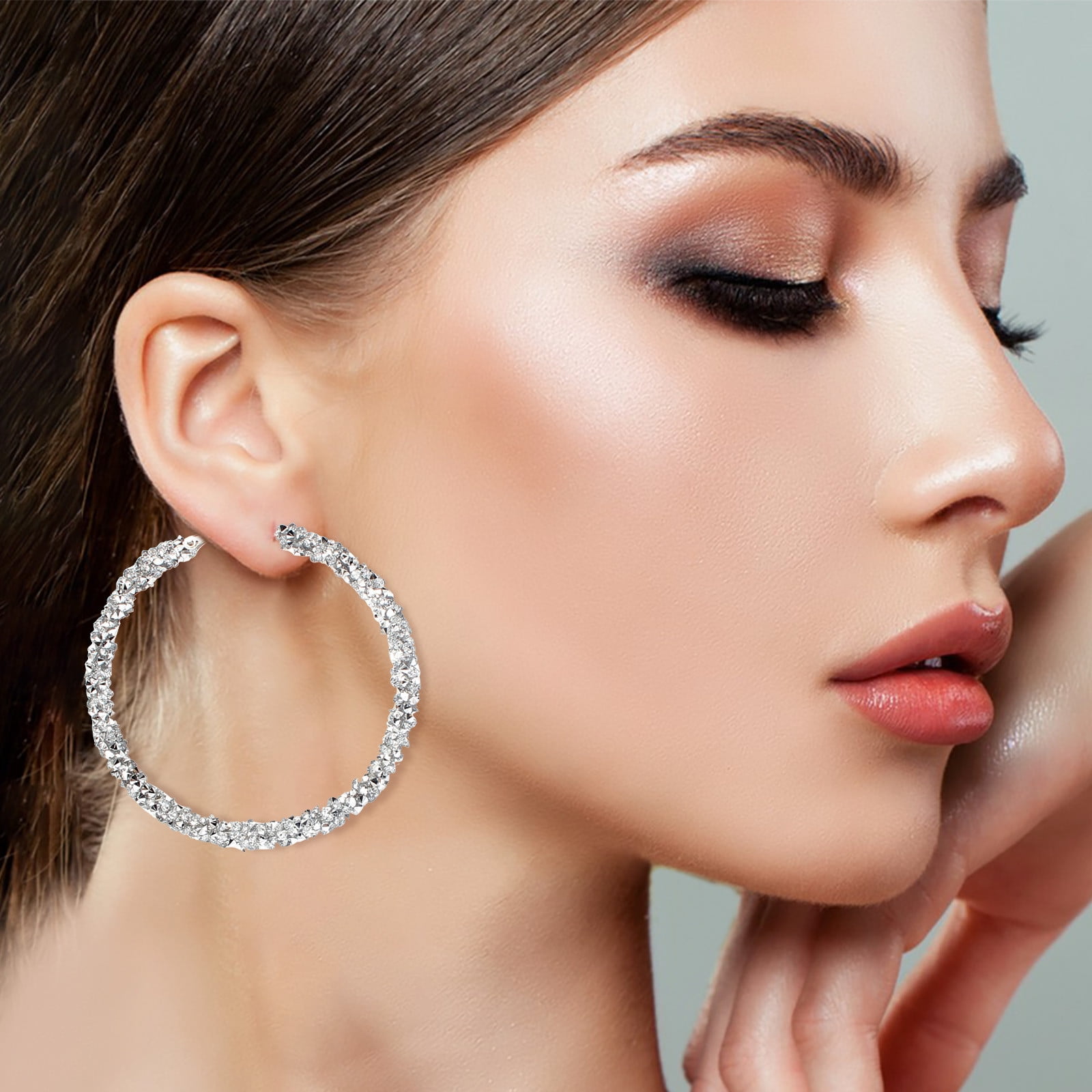 KeirineCC 925 Sterling Silver Earrings Large Rhinestone Hoop Earrings Big Cubic Zirconia Hoop ...