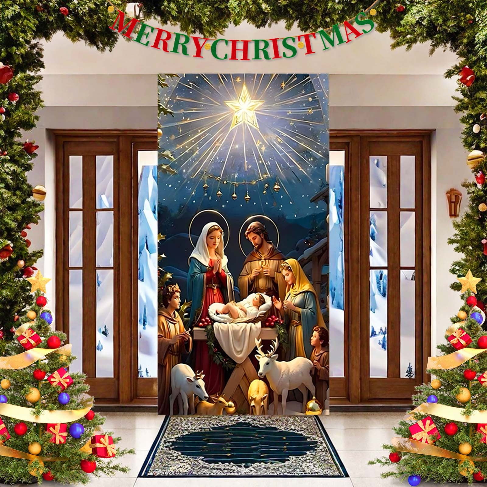 KeirineCC Christmas Door Cover,Jesus Nativity Scene Christmas Fabric ...