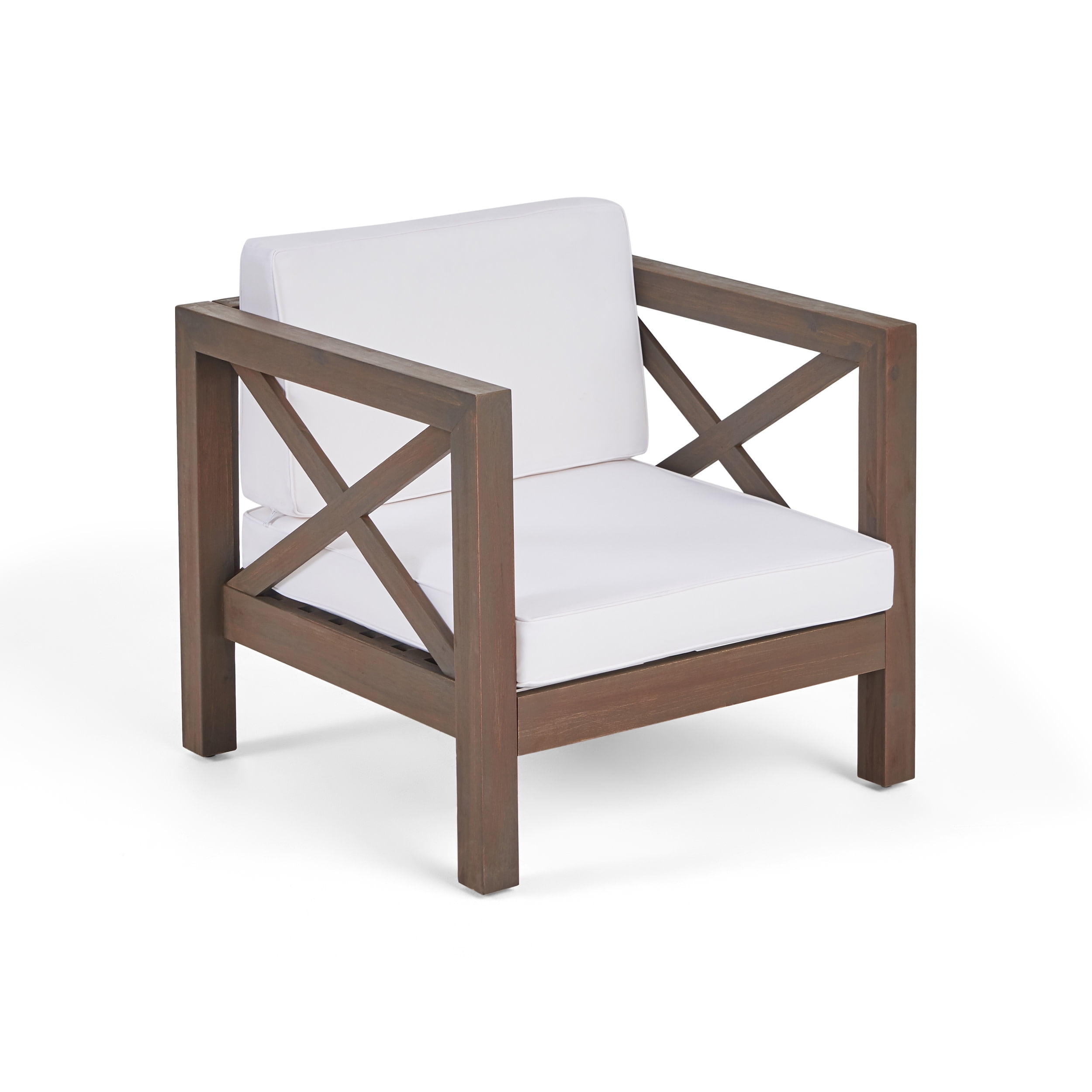 Keith Outdoor Acacia Wood Club Chair with Cushion, Gray and White ...