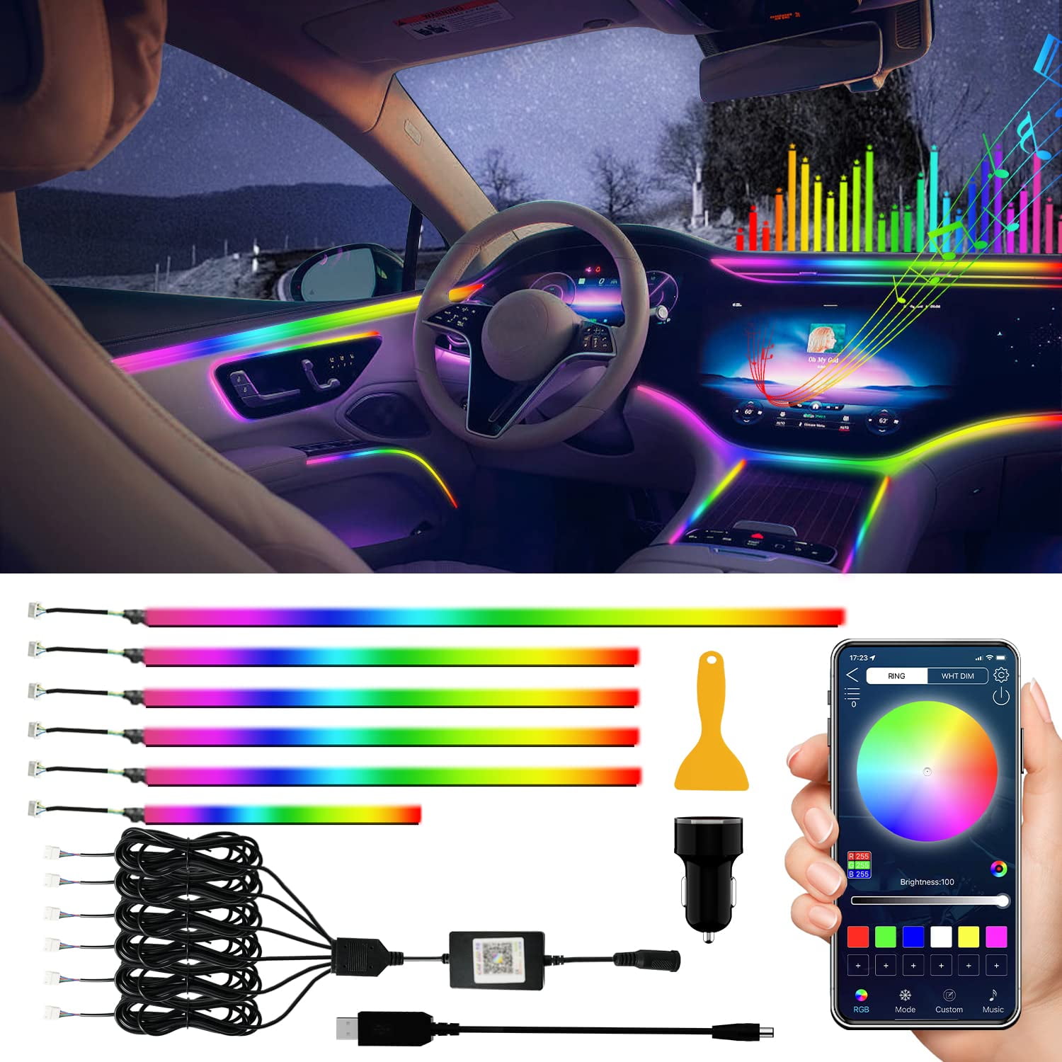 Keiurot Dreamcolor Acrylic Interior Car Interior Lights 6 in 1 Smart ...
