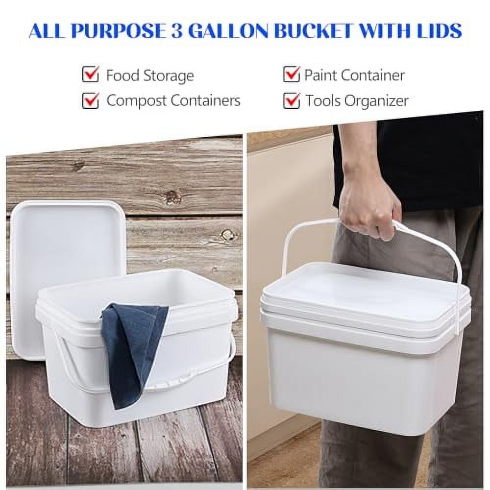 Kekow 4 Pack 3 Gallon Rectangle Plastic Bucket with Lid, Square Utility ...