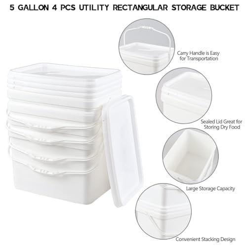 Kekow 5 Gallon White Square Food Plastic Bucket with Lid, 4 Pcs Utility ...