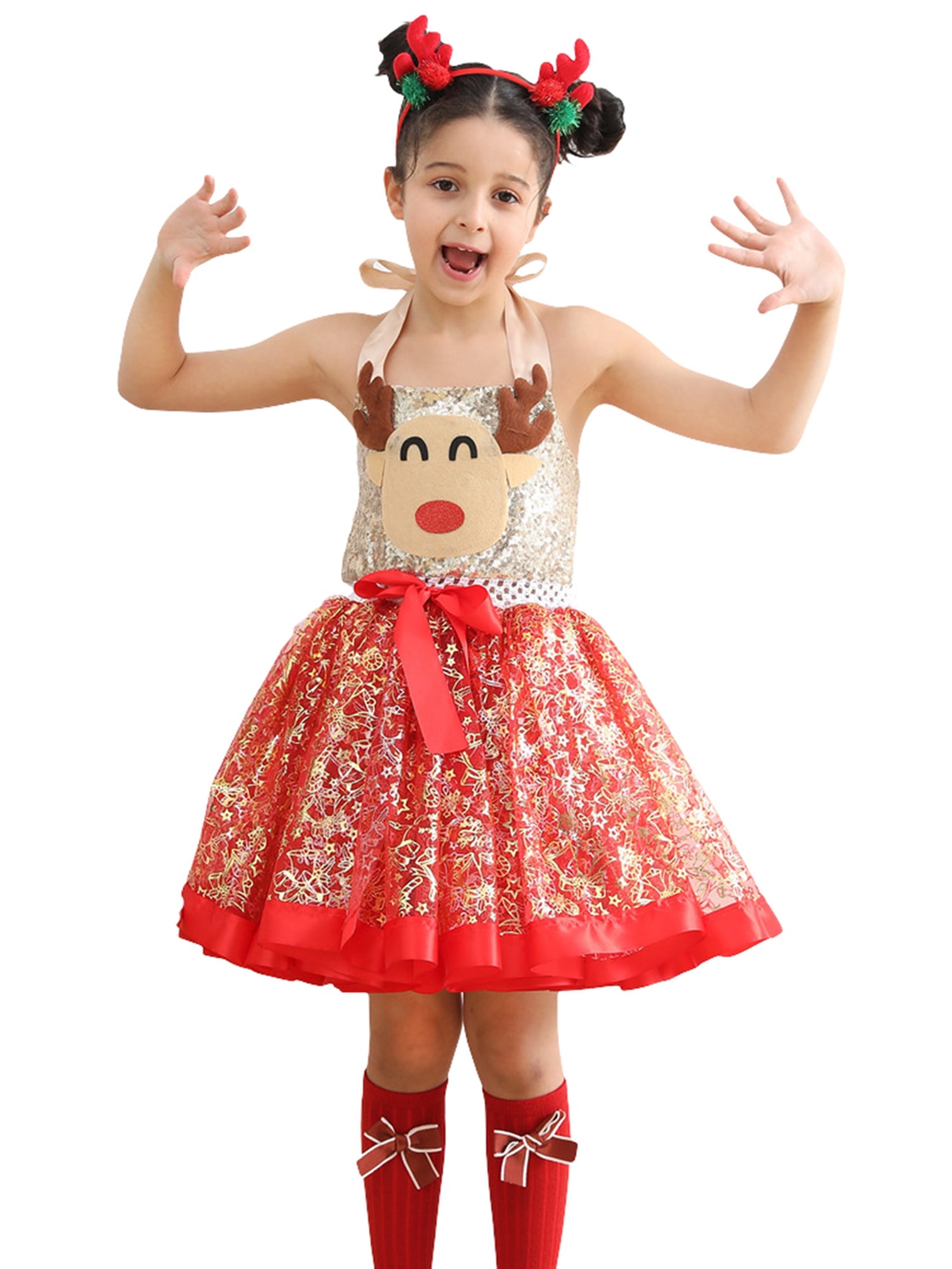 KelaJuan Kids Girls Christmas Costume Cute Reindeer Mesh Dress and ...