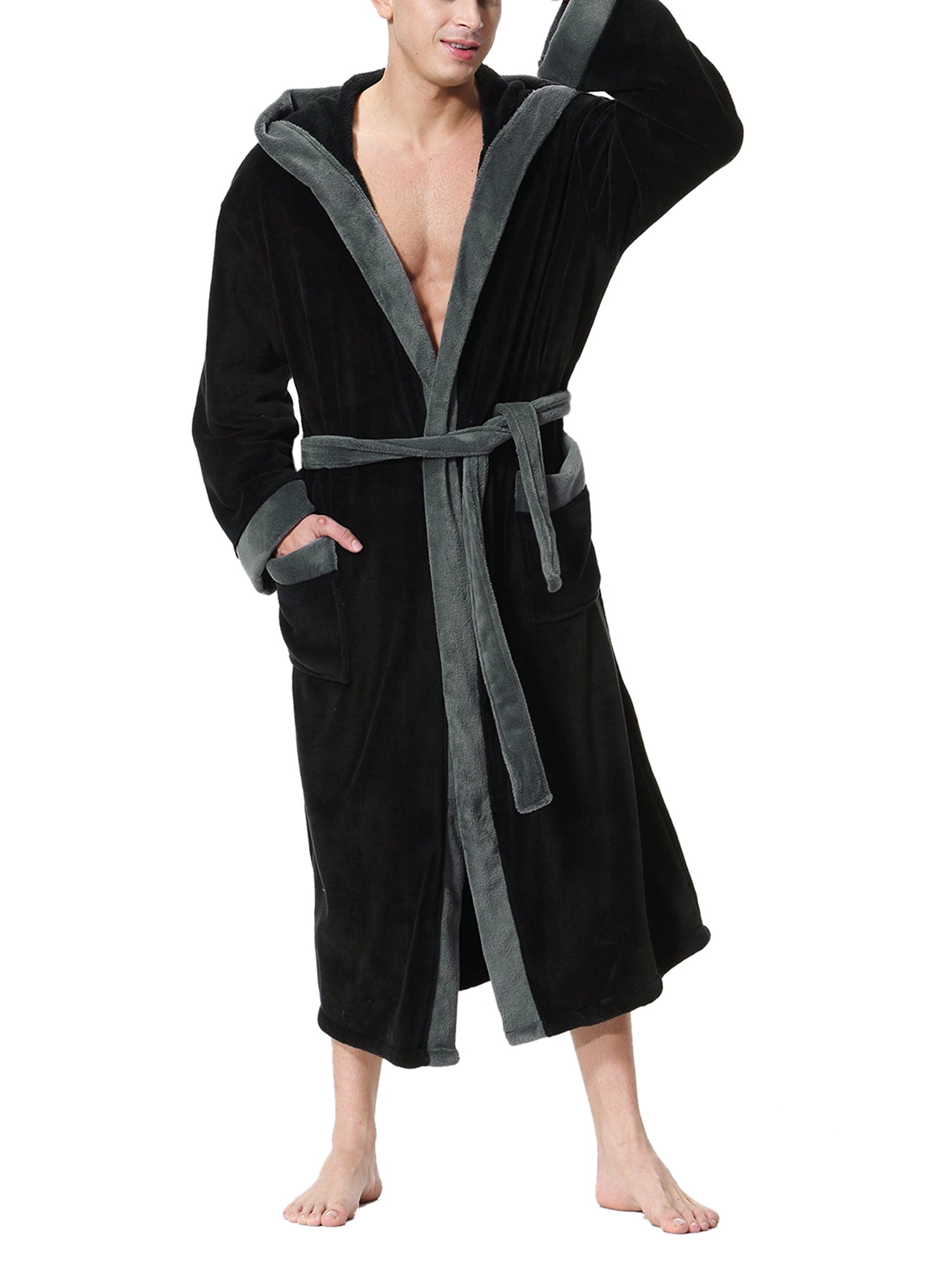 KelaJuan Men Dressing Gown Robe Patchwork Hooded Long Sleeve Flannel ...