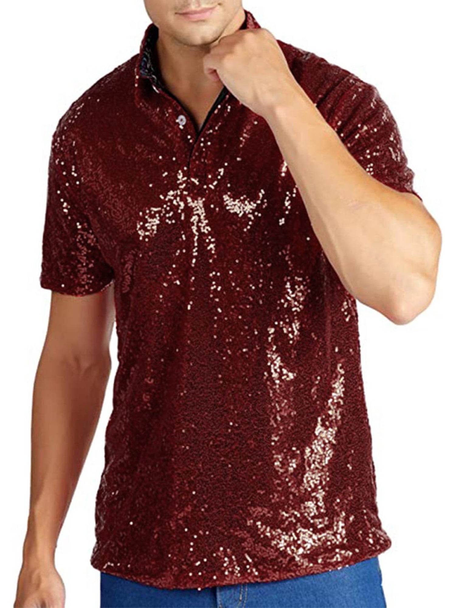 KelaJuan Men's 70's Disco Sparkle Shirt Vintage 70s Disco Carnival Button Up Shirts Short Party ...