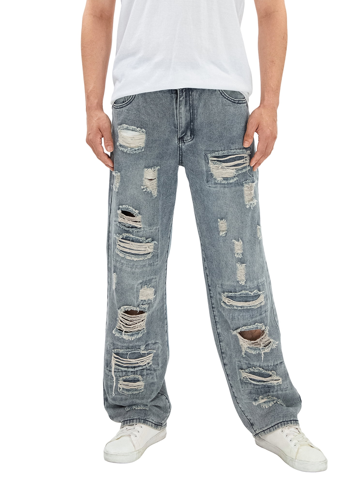 KelaJuan Men's Ripped Distressed Denim Pants Sky Blue Mid Waist Straight Fit Washed Destroyed ...