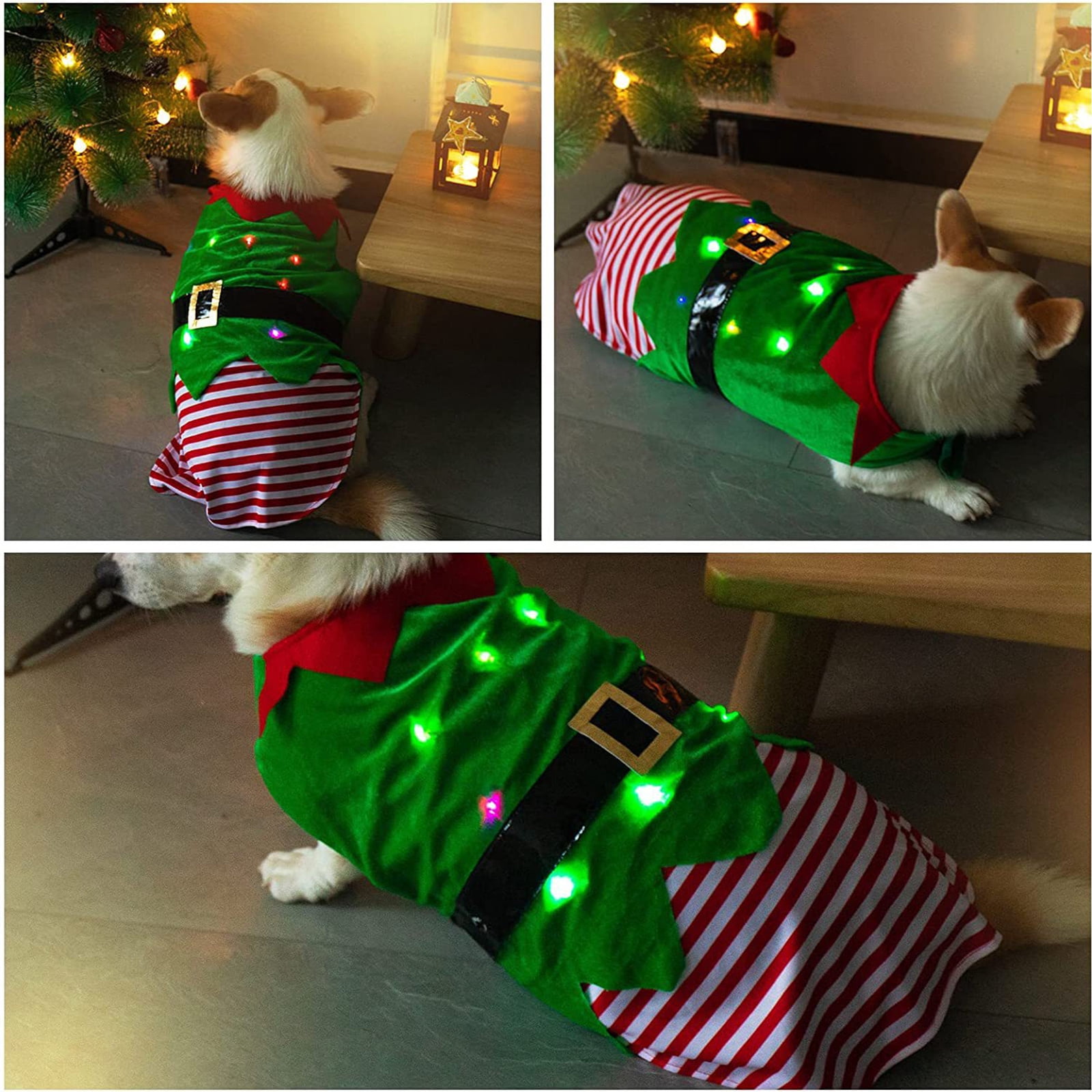 KelaJuan Pet Christmas Outfit Elf Costume Stripe Vest with Light ...