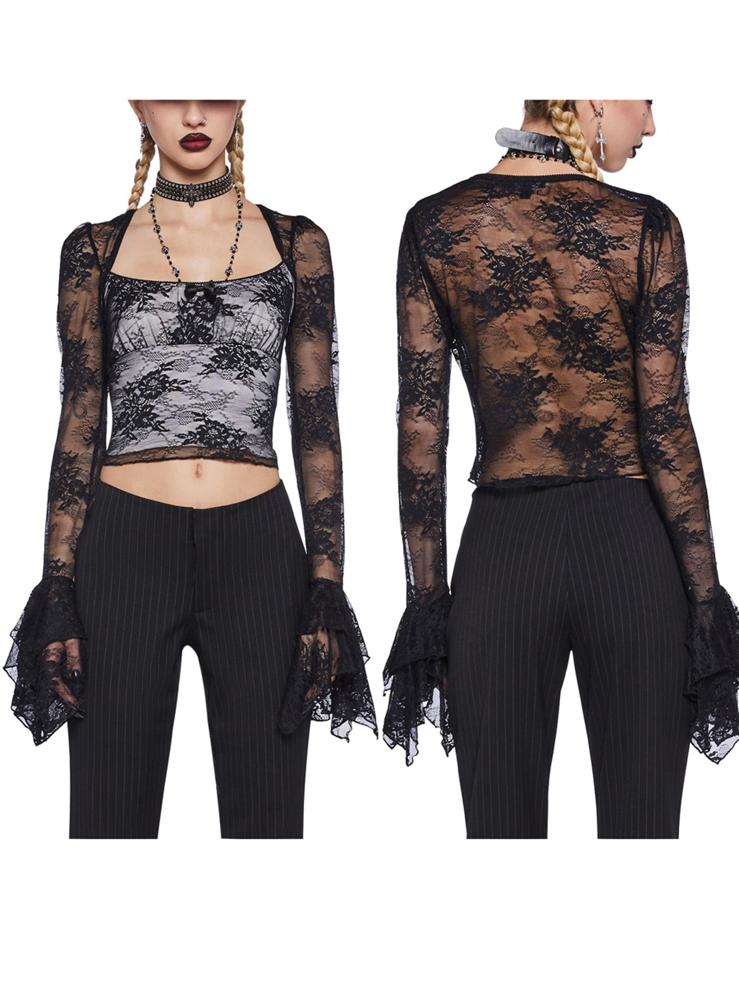 KelaJuan Women Goth Crop Tops Fairy Grunge Lace See Through Sheer Mesh ...