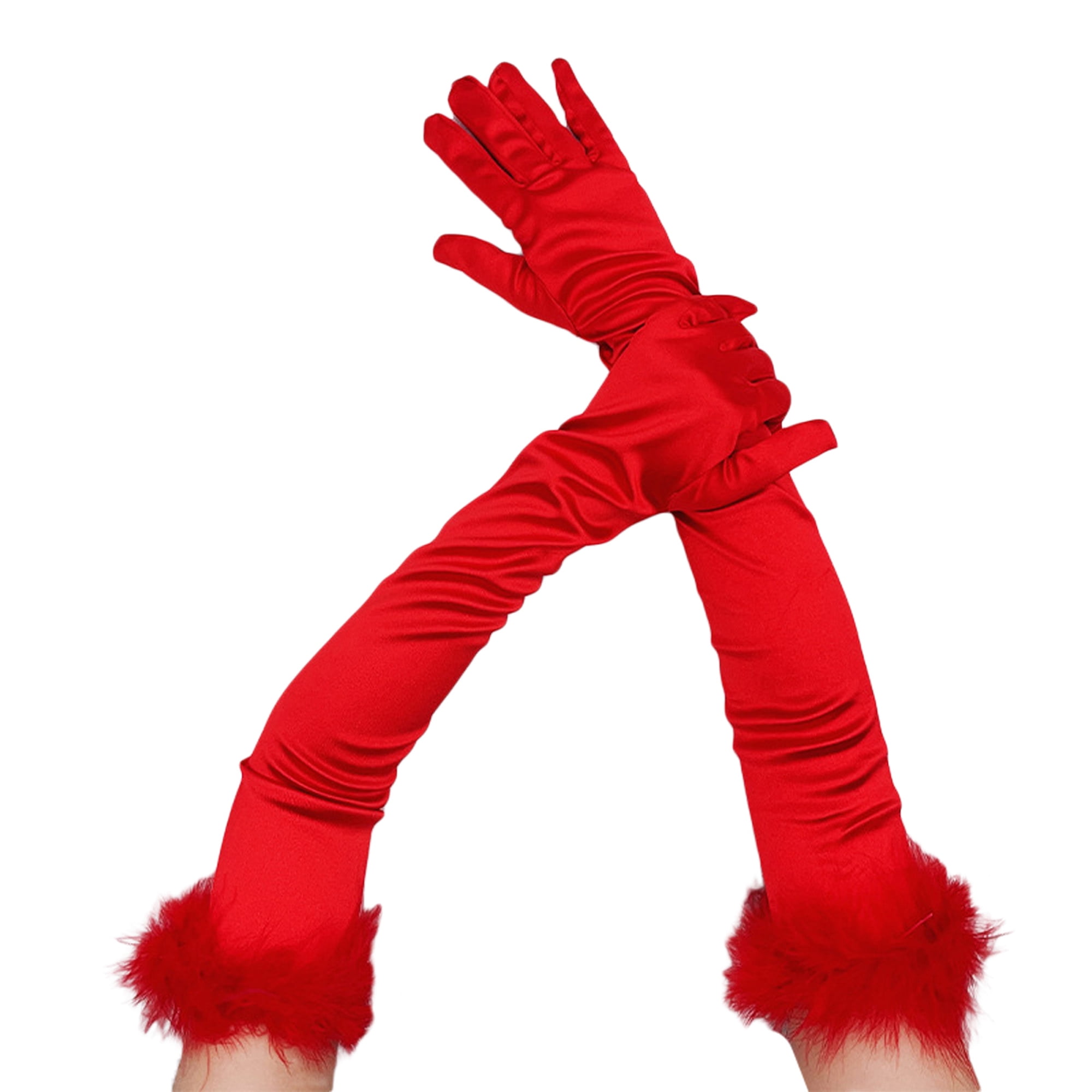 KelaJuan Women Long Satin Finger Gloves Solid Color Feather Trim Elbow ...