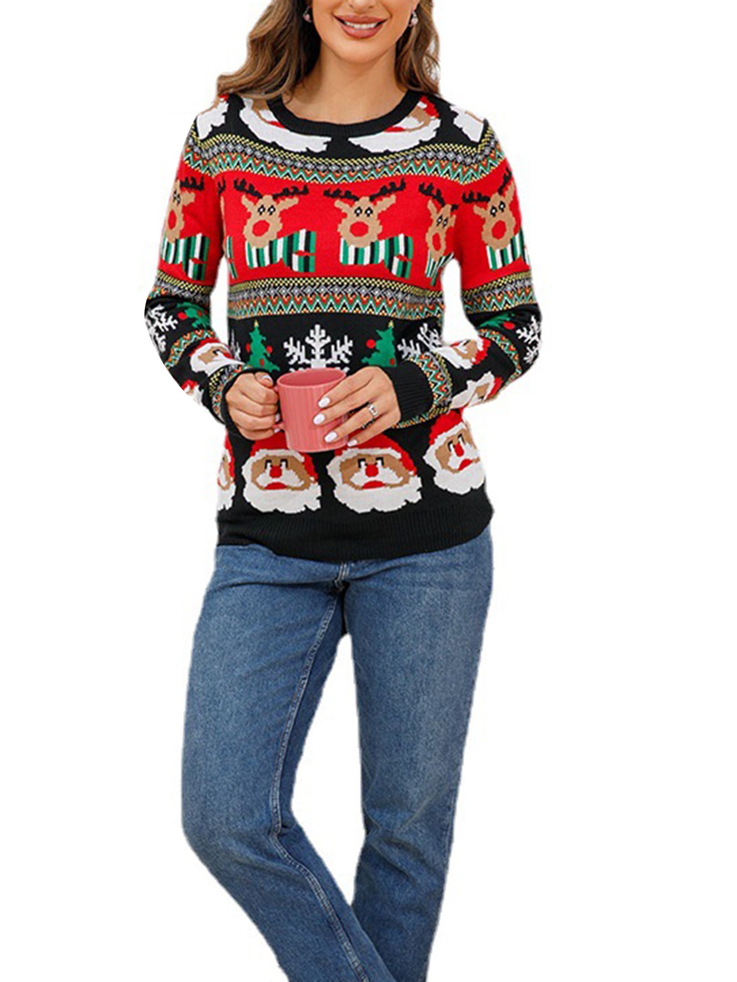 KelaJuan Women's Funny Christmas Sweater Cartoon Elk/Lantern String ...