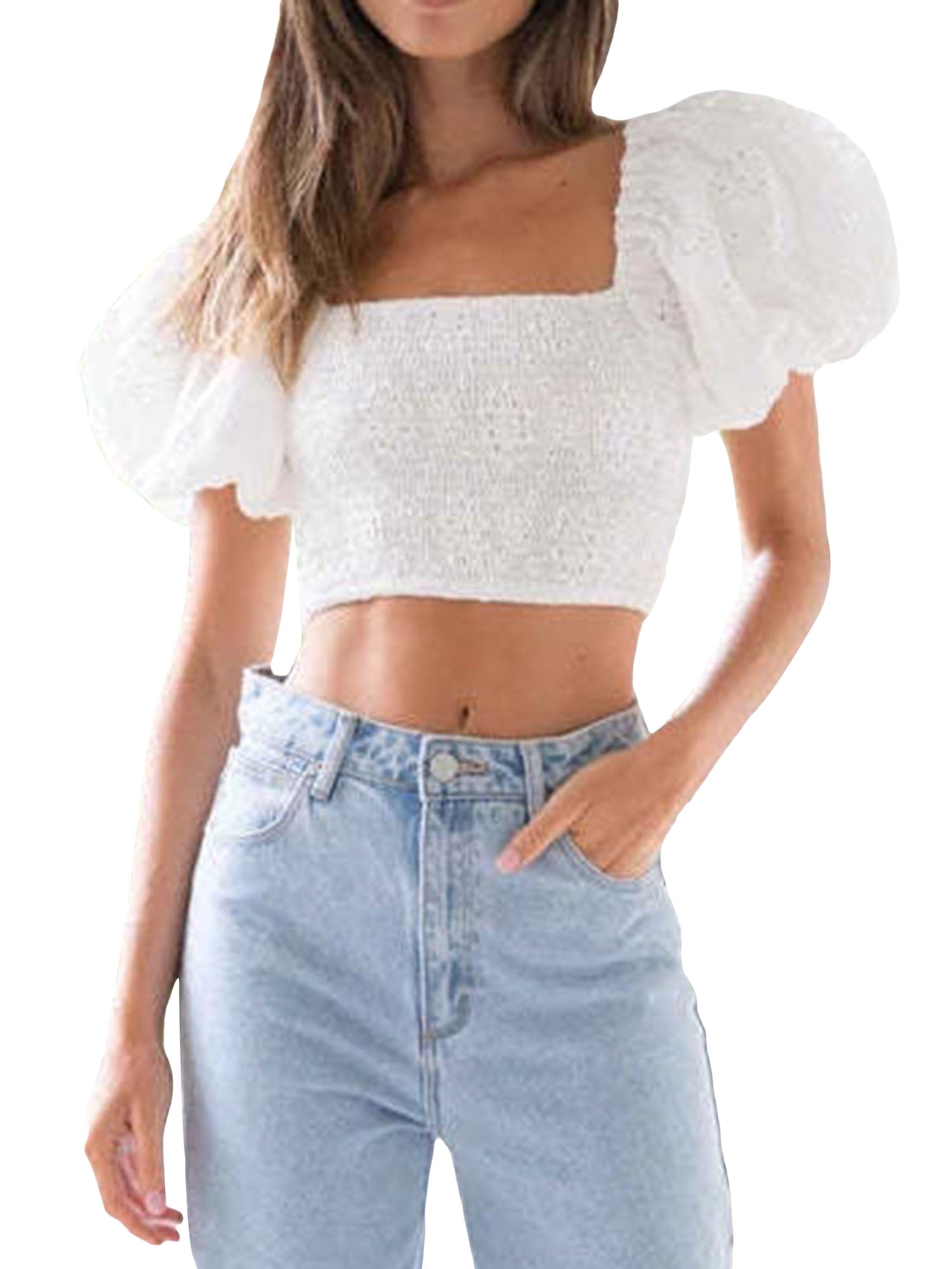 KelaJuan Women's Off Shoulder Cropped Tops Lace Embroidery Short Puff Sleeve Square Neck Show ...