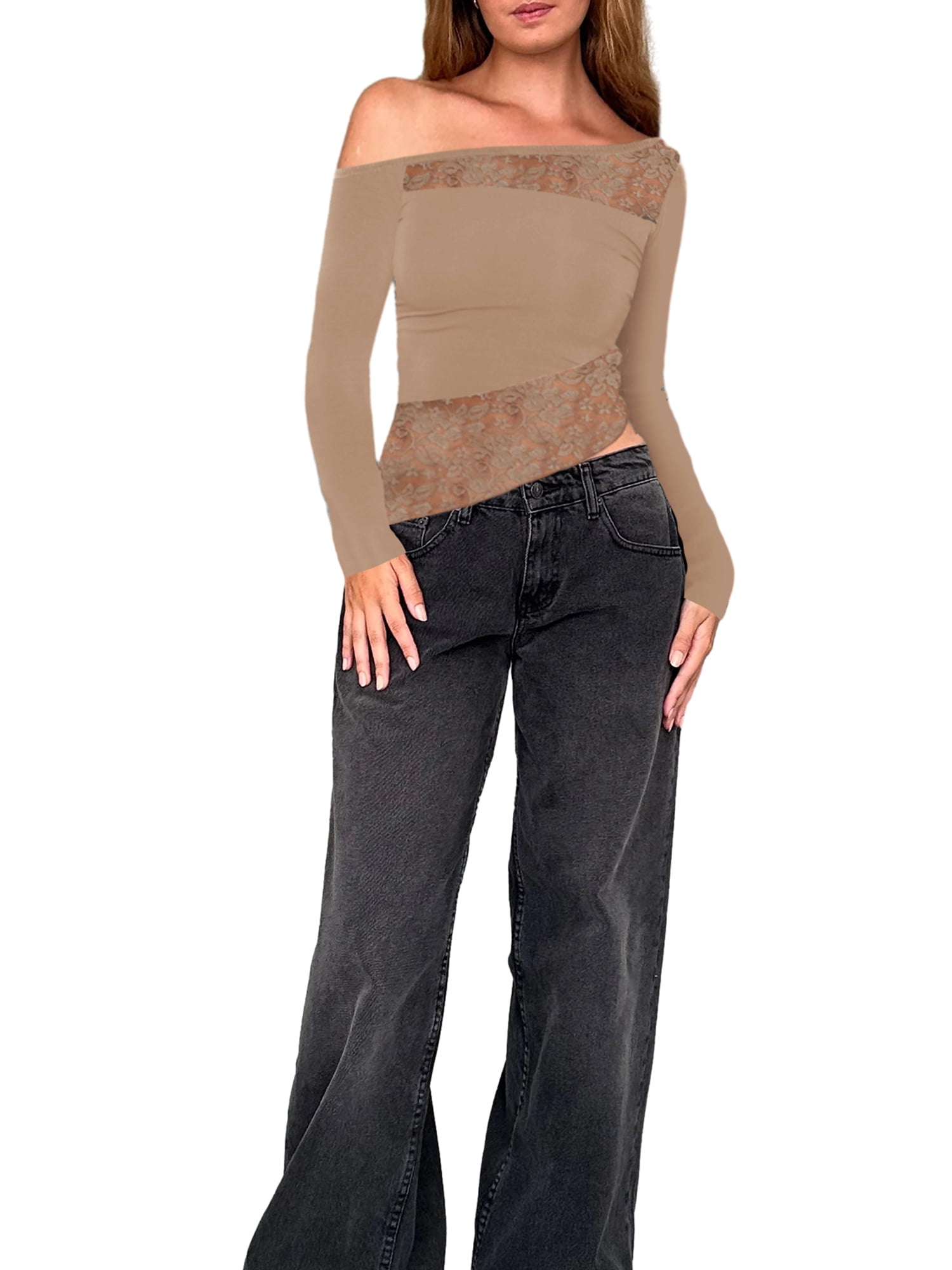 KelaJuan Women's Summer Off Shoulder Tops Sheer Lace Patchwork Long ...