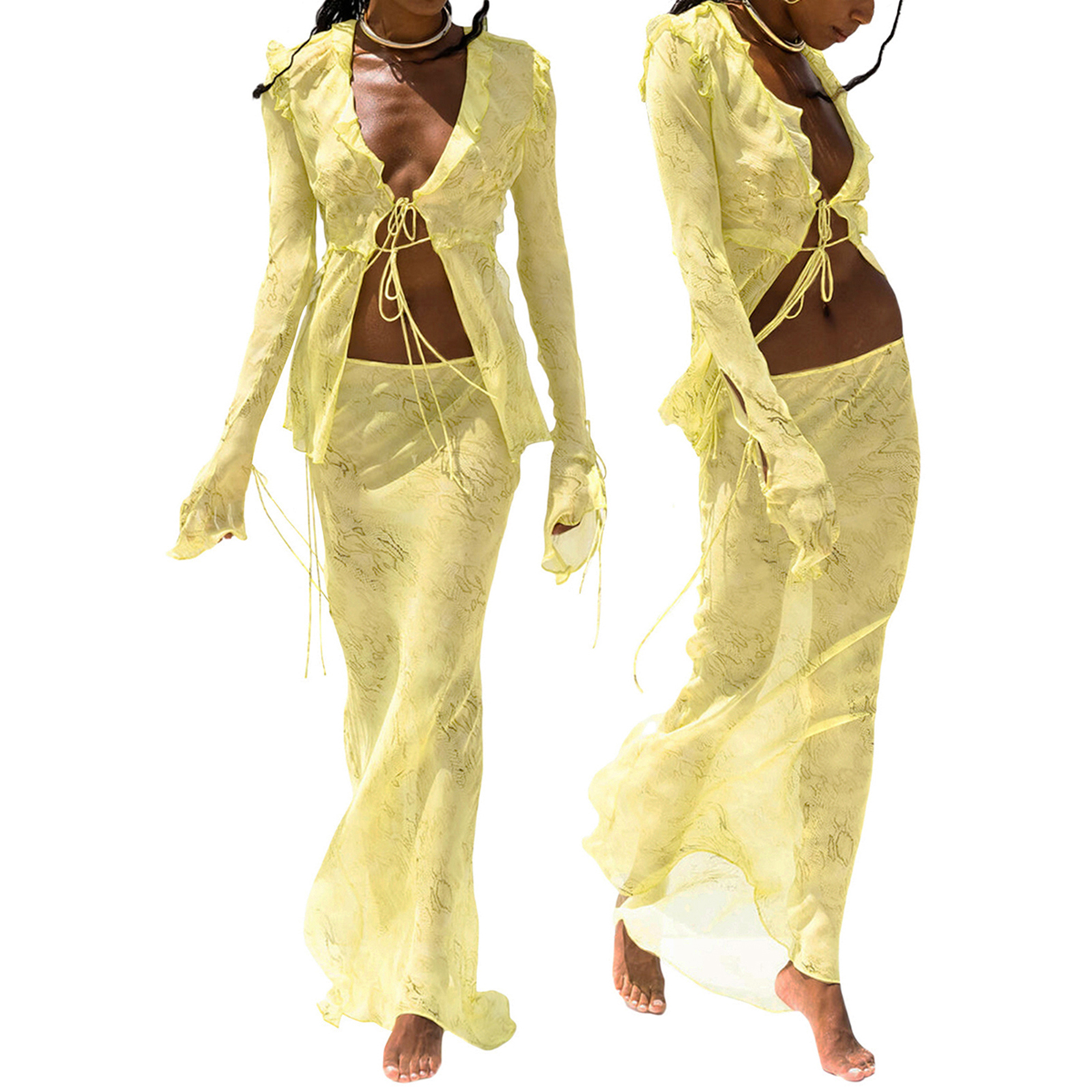 KelaJuan Women’s Two Piece Summer Outfits, Tie-up Front Sheer Mesh Tops ...