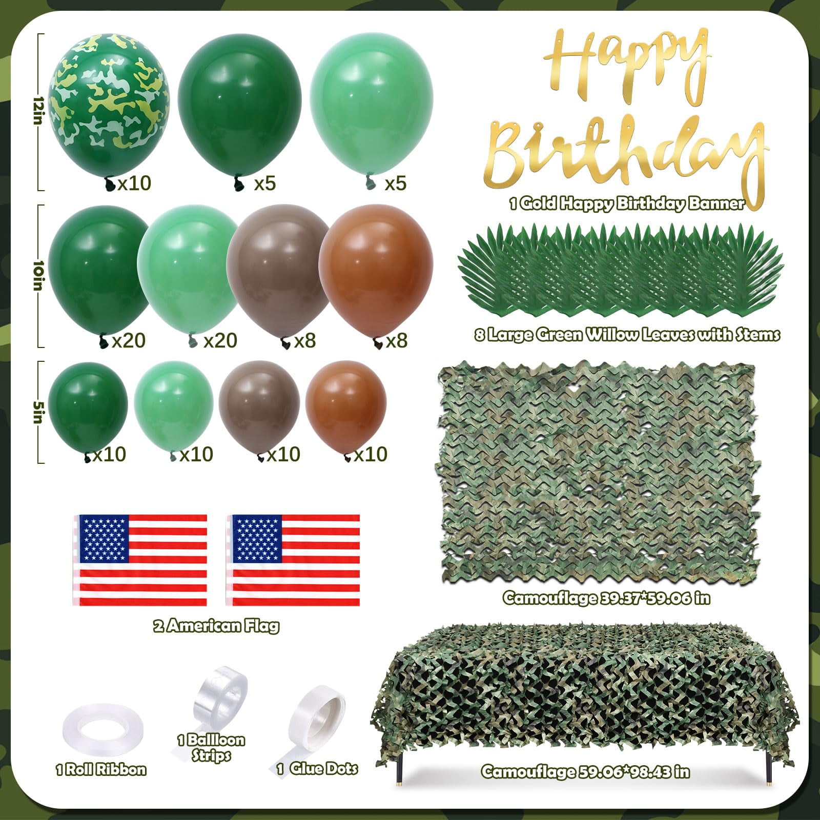 Keleno 133 Army AJH3 Birthday Decorations Military Camo Supplies Camouflage Netting Balloon Arch ...