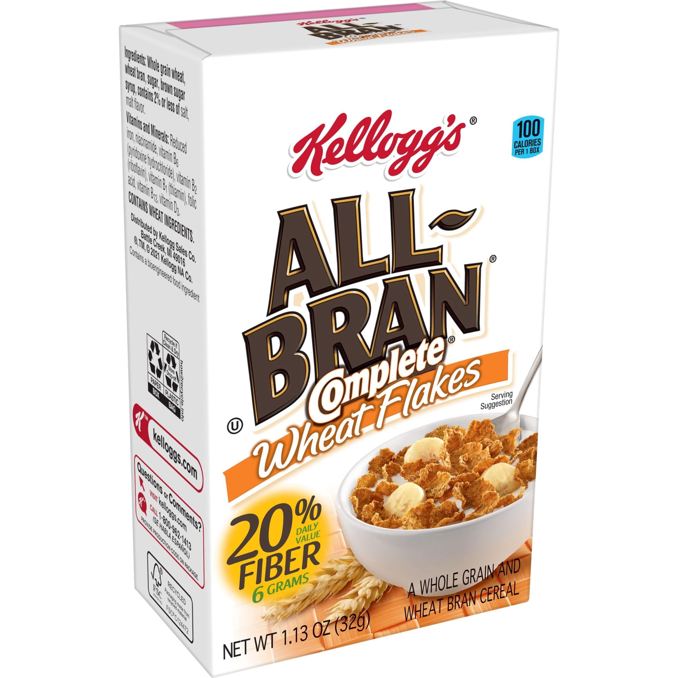 Kellogg's All Bran Cereal, KEF16 Complete Wheat Flakes, 1.13oz (70 ...