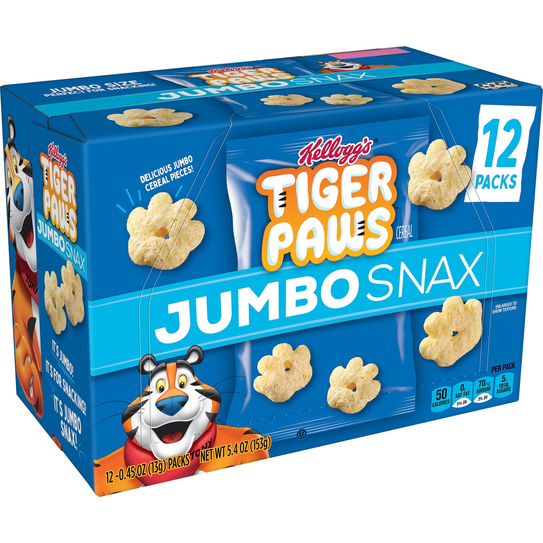 Jumbo Snax Tiger Paws Cereal Snacks, 5.4oz Box, 12 Pouches, Paw-Print ...