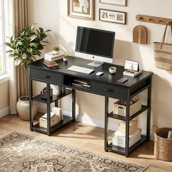 Kelno 48 Inch Computer Desk with 2 Fabric Drawer Storage Shelf Gaming ...