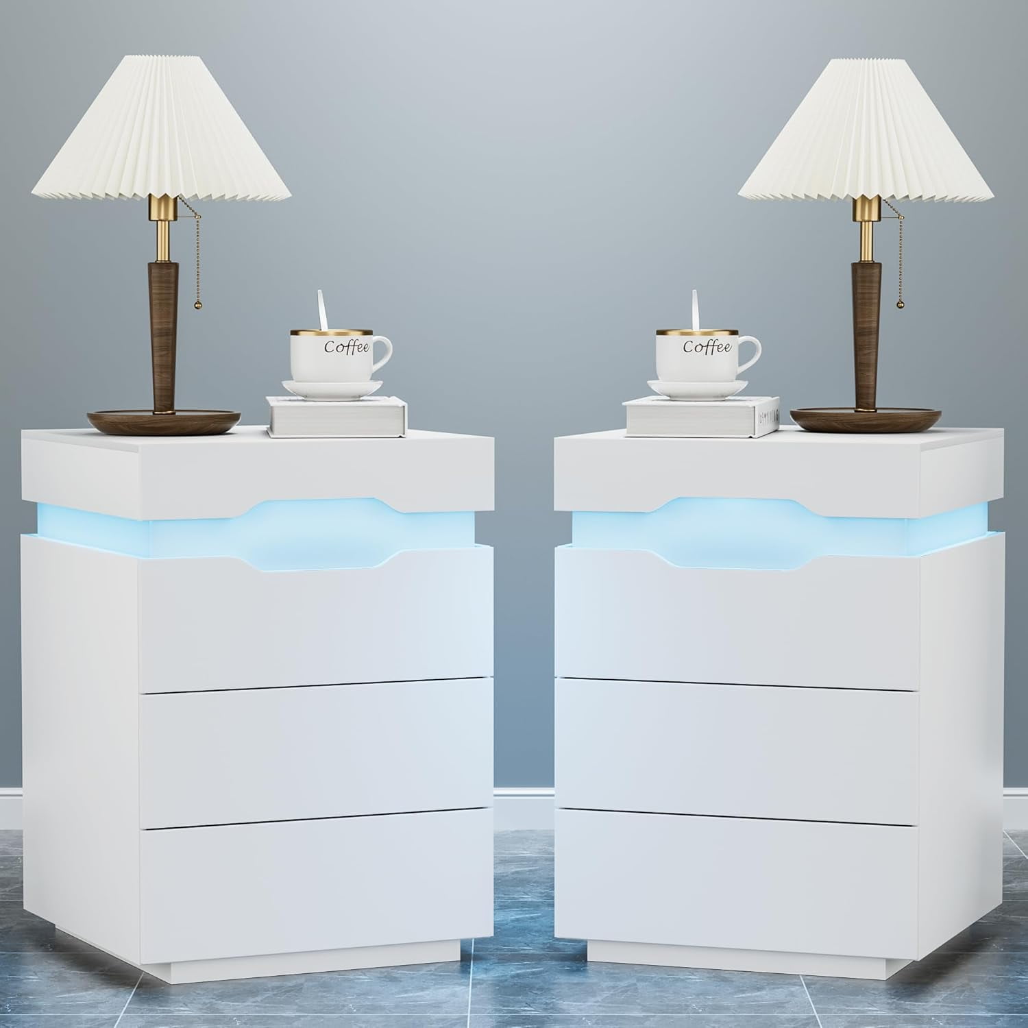 Kemon LED Nightstand with 2 Drawers, Bedside Table Set of 2 with ...