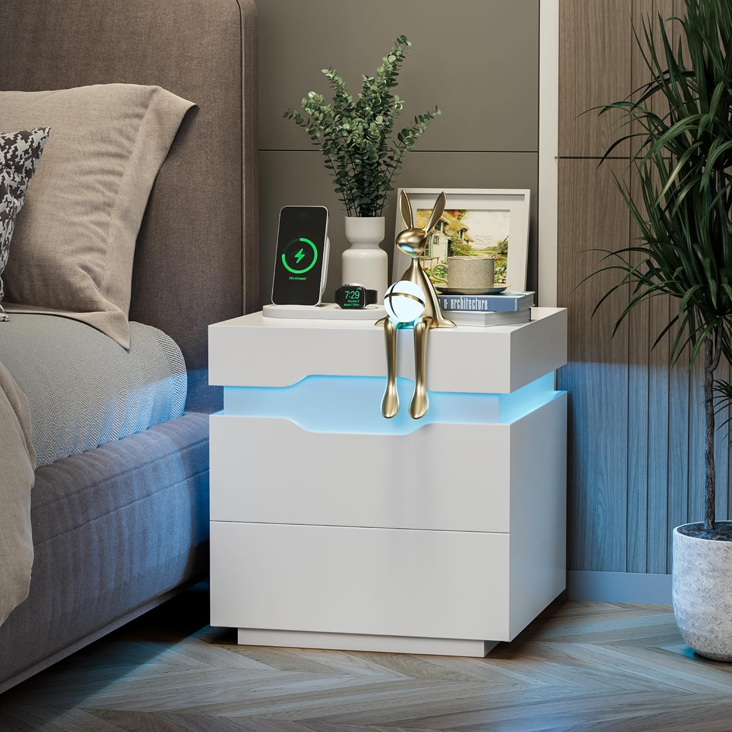 Kemon LED Nightstand with 2 Drawers, Bedside Table with Wireless ...