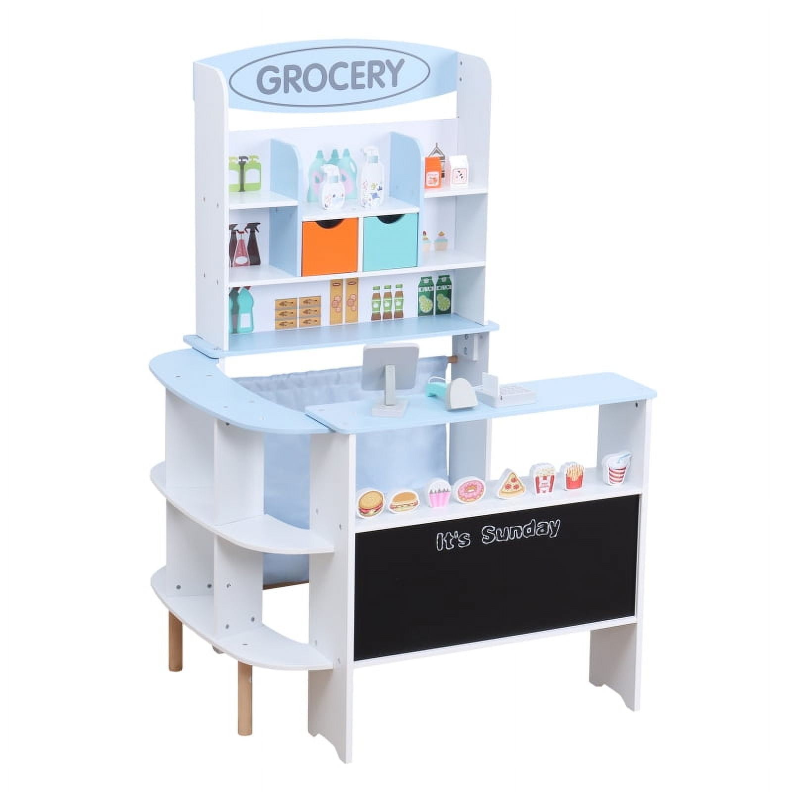 Kemweao Wooden Grocery Store Playset with Cash Register Scanner ...