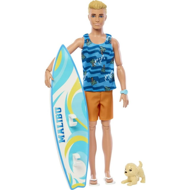Ken Doll with Surfboard, Poseable Blonde Barbie Ken Beach Doll ...