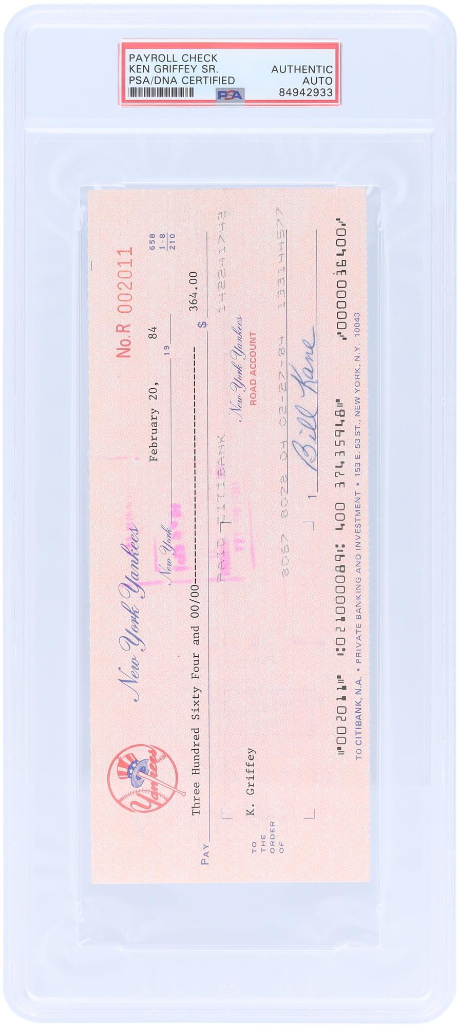 Ken Griffey Sr. New York Yankees Autographed Check from February 20 ...