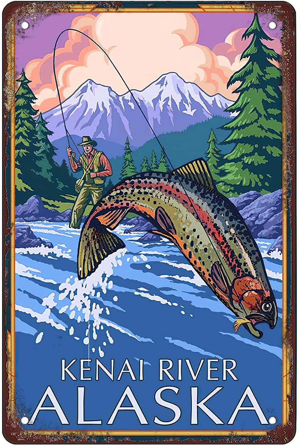 Kenai River, Alaska - Angler Fly Fishing Scene，Leaping Trout Retro Wall ...
