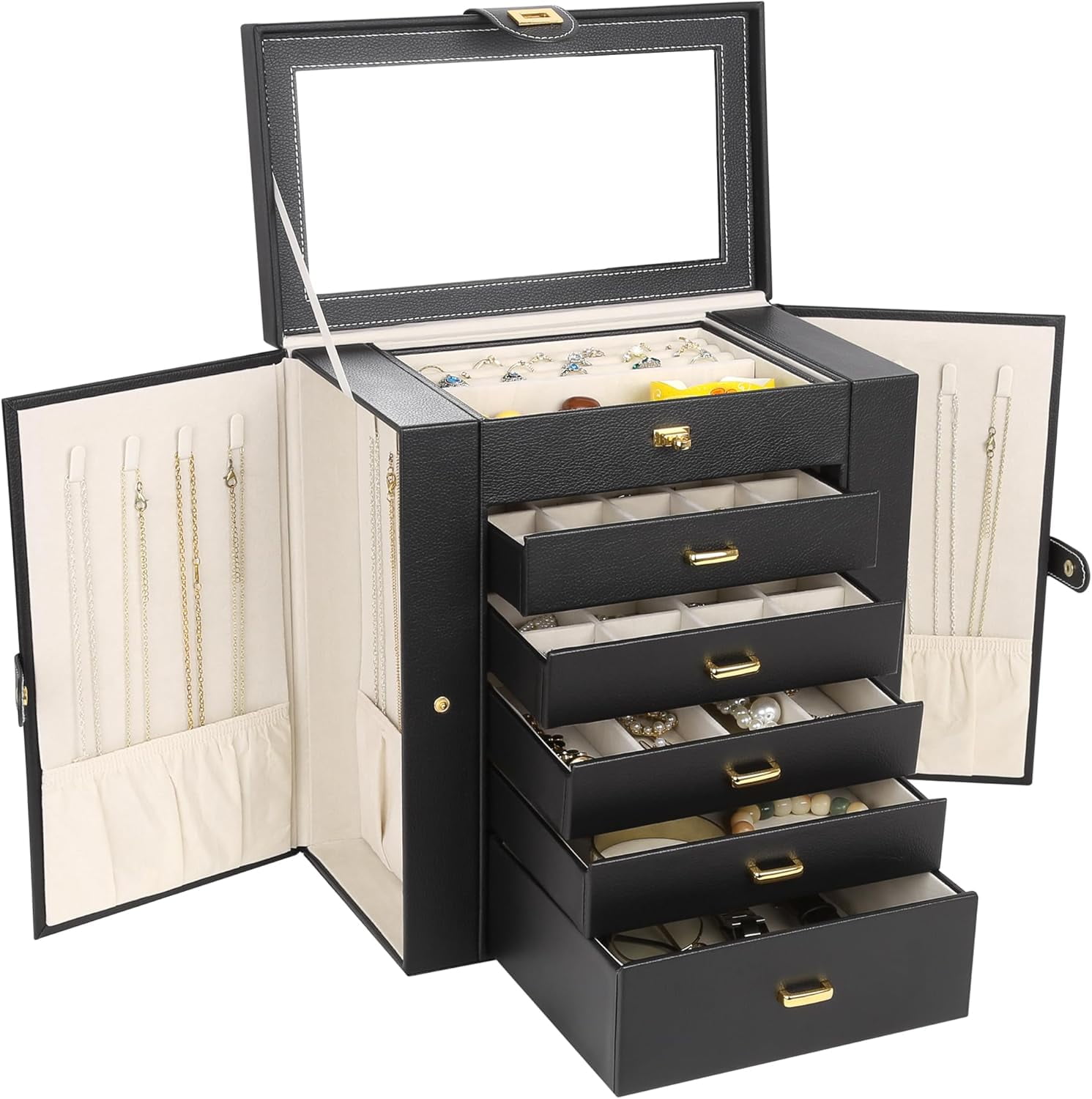 Kendal Extra Large Jewelry Box Jewelry Case PU Leather 6 Tier 5 Drawers ...