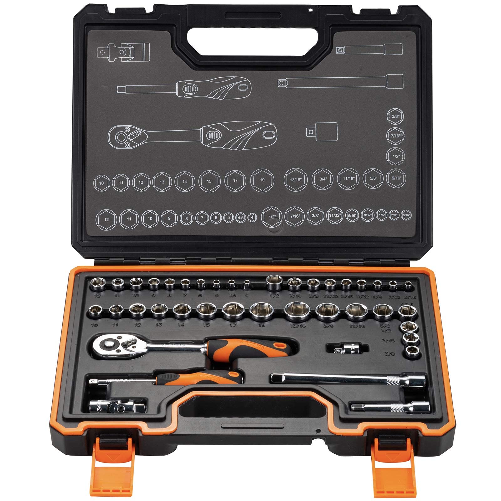 Kendo 42-Pieces 3/8’’ & 1/4” Dr. Ratchet Socket Wrench Set - CRV SAE & Metric Sockets ...