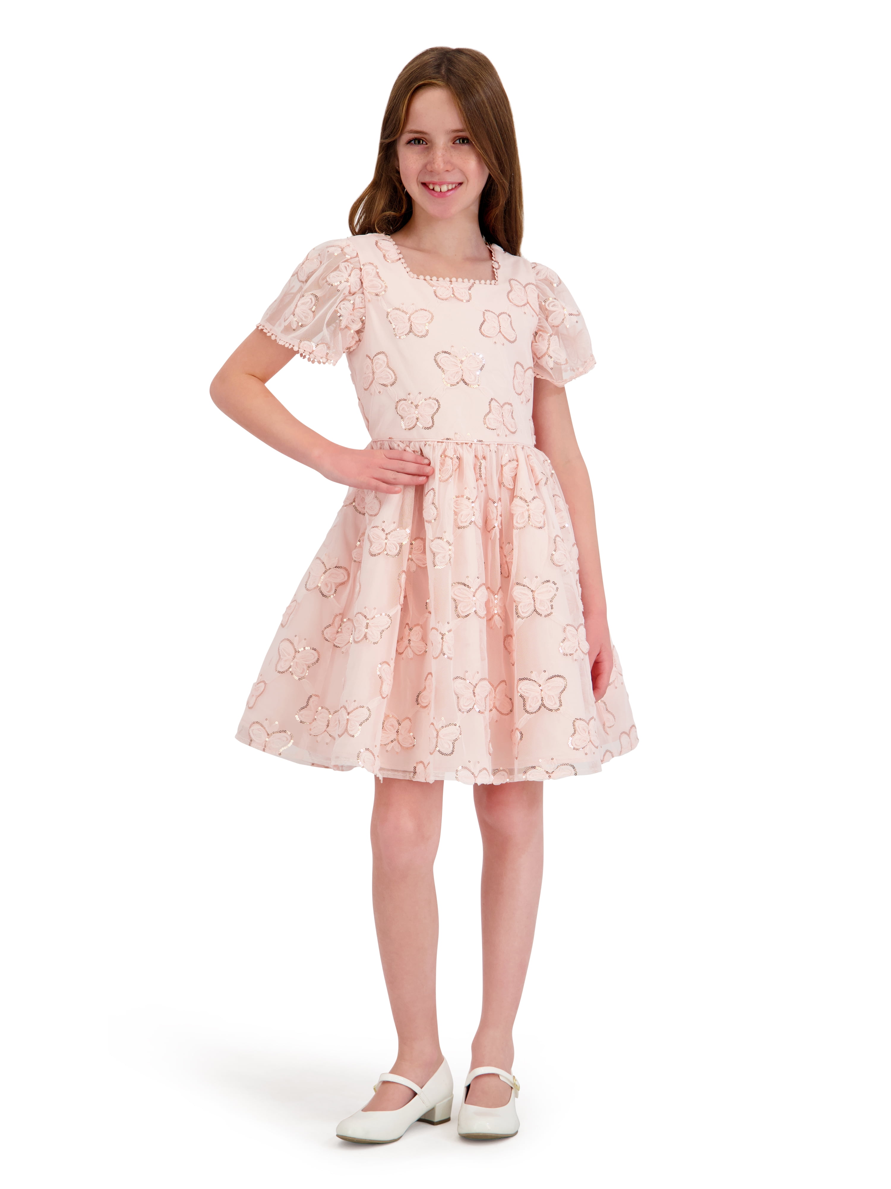 Kensie Girl Cap Sleeve Sequin Butterfly Soutache Mesh Dress, Sizes 4-16 ...