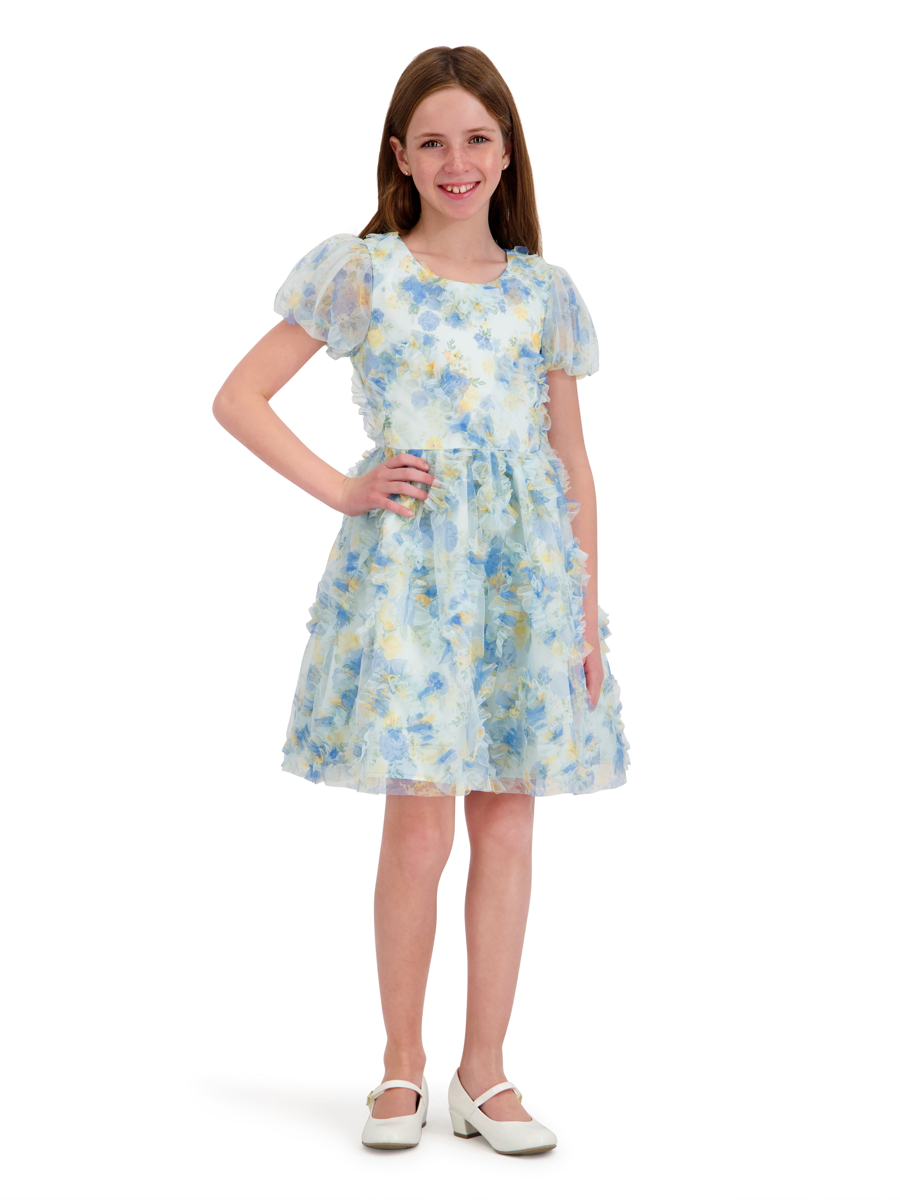Kensie Girl Short Sleeve Allover Printed Ruffle Dress, Sizes 4-16 ...